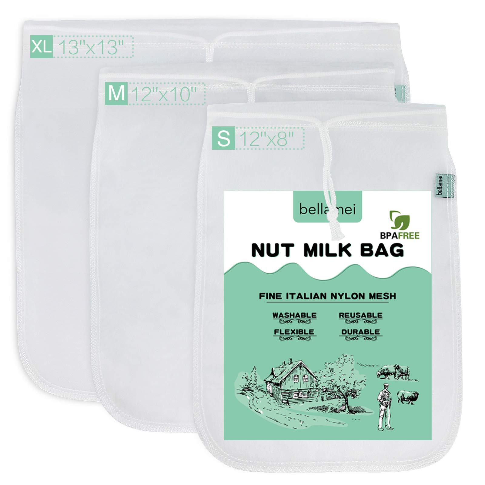 Bellamei Nut Milk Bag Reusable 3 Pack Food Strainer Nut Bags For Almond/Soy Milk Greek Yogurt Professional for Cold Brew Coffee Tea Beer Juice Fine Italian Nylon Mesh (3 pack-8"x12"/10"x12"/13"x13")