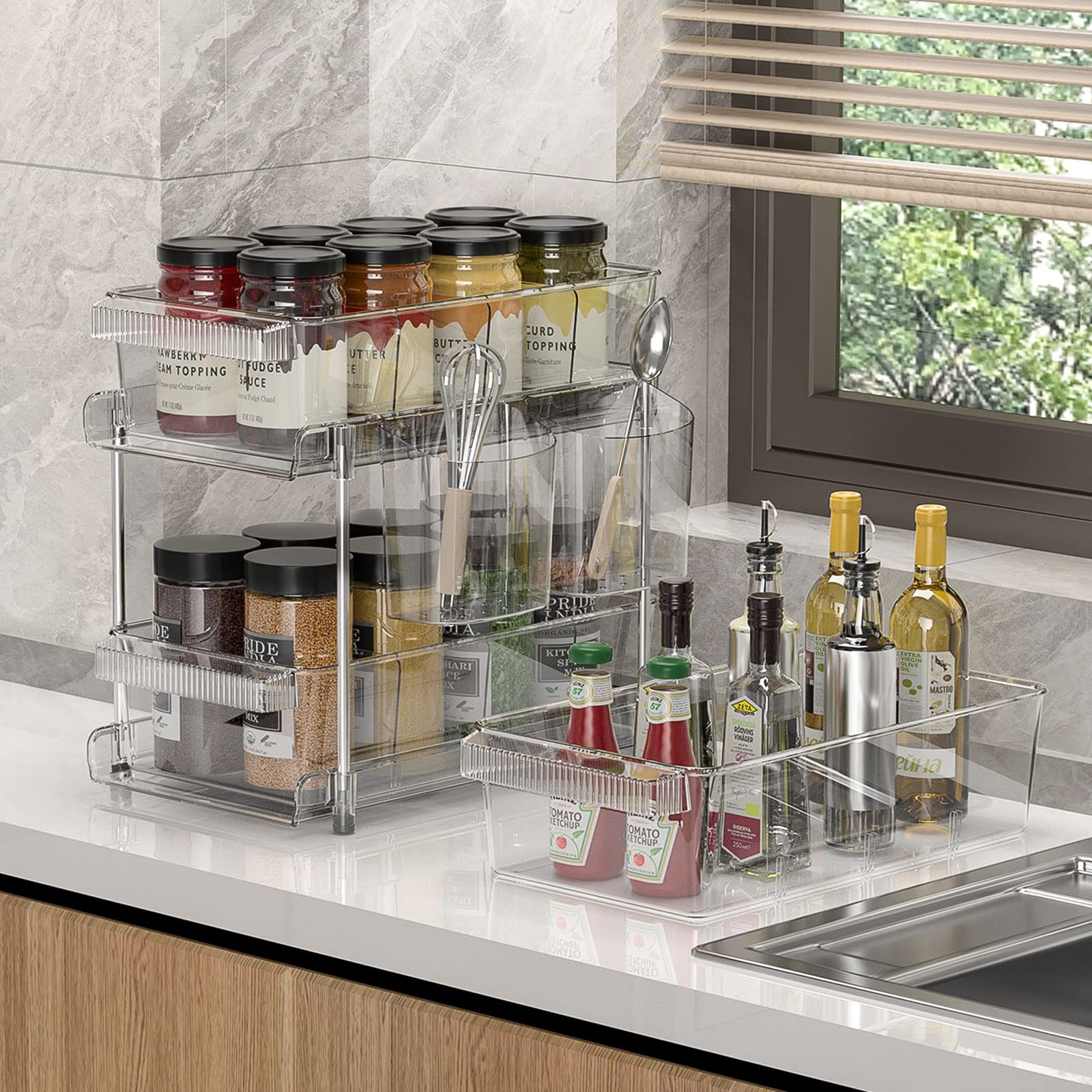 2 Tier Clear Organizer with Dividers, Multi-Purpose Pull Out Storage Container with Hanging Cups, Clear Under Sink Organizers, Bathroom Kitchen Pantry Storage, Medicine Cabinet Organizer(2 SET)