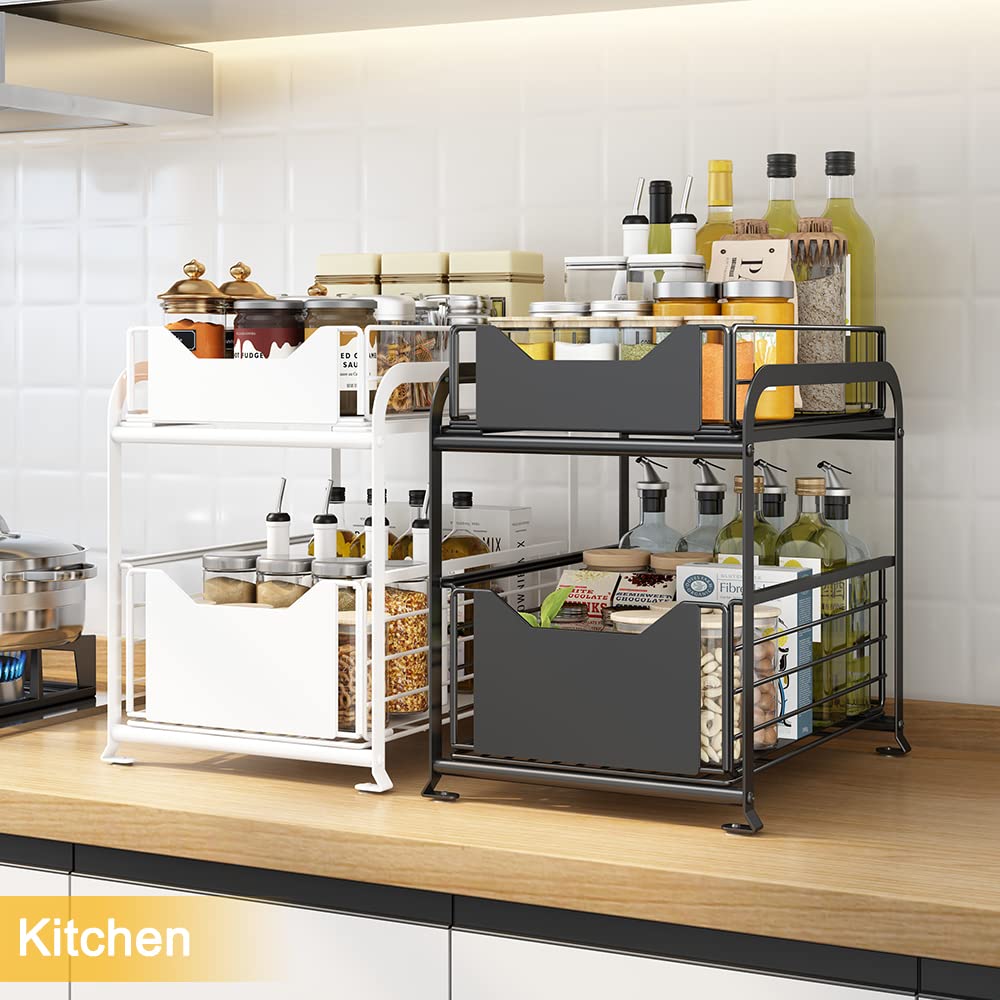Under Sink Organizer, 2 Tier Pull Out Cabinet Organizer with Storage Basket Drawers, Countertop Storage Shelf Under Sink Storage Rack for Bathroom Kitchen (Large, Black)