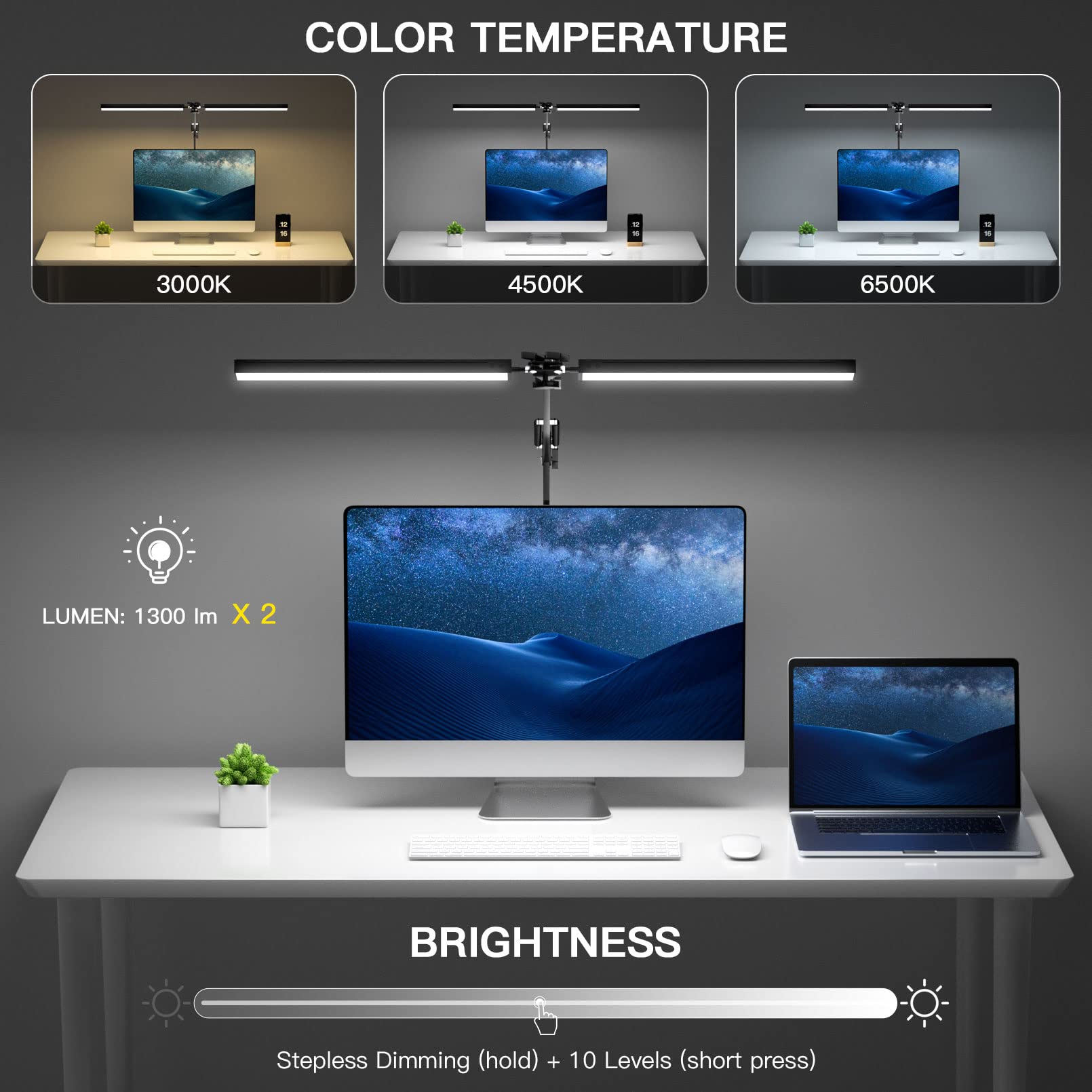 CHICLEW LED Desk Lamp for Home Office, 24W Swing Arm Double-Head Table Lamps, 3 Colors Lighting & Stepless Dimming Architect Reading Desk Light, Adjustable Eye-Caring Clamp Light for Study Relax Work