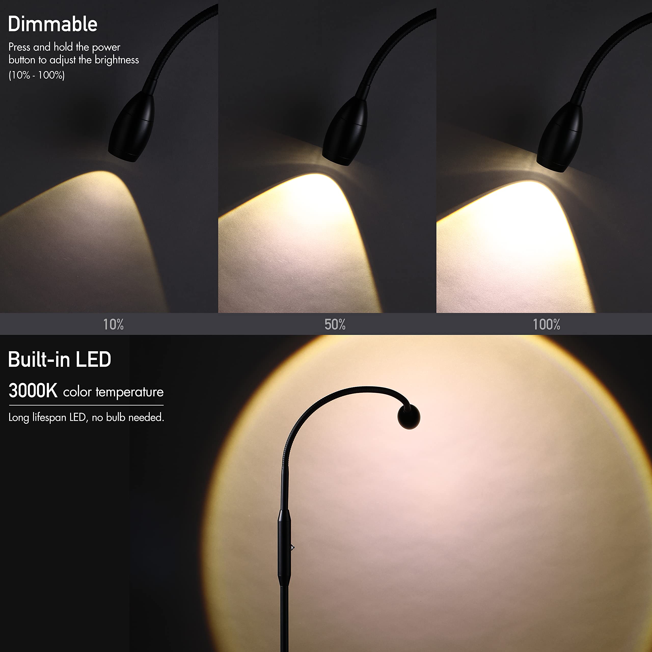 O’Bright Ray – Adjustable LED Beam Floor Lamp, Dimmable and Zoomable Spotlight, Flexible Gooseneck, Reading / Crafting Standing Lamp, Work Table Light, Matte Black