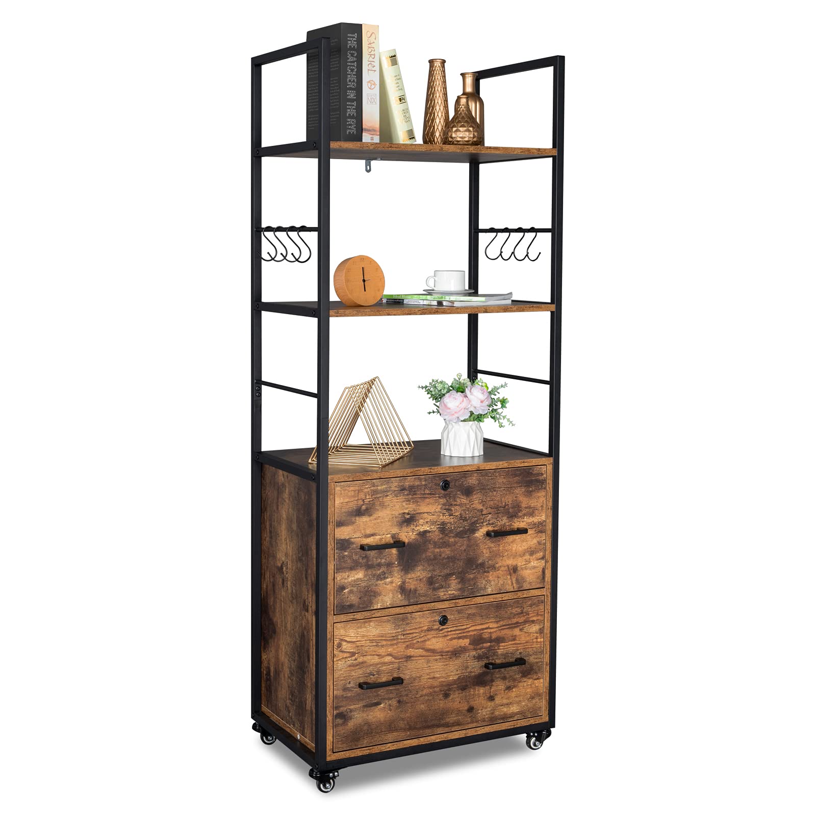 VINGLI 2 Drawer Veritical File Cabinet with Open Shelves and Wheels, Wooden Filing Cabinet with Lock, Industrial Bookshelf, File Cabinet for Home Office, Letter/Legal Size, Rustic Brown