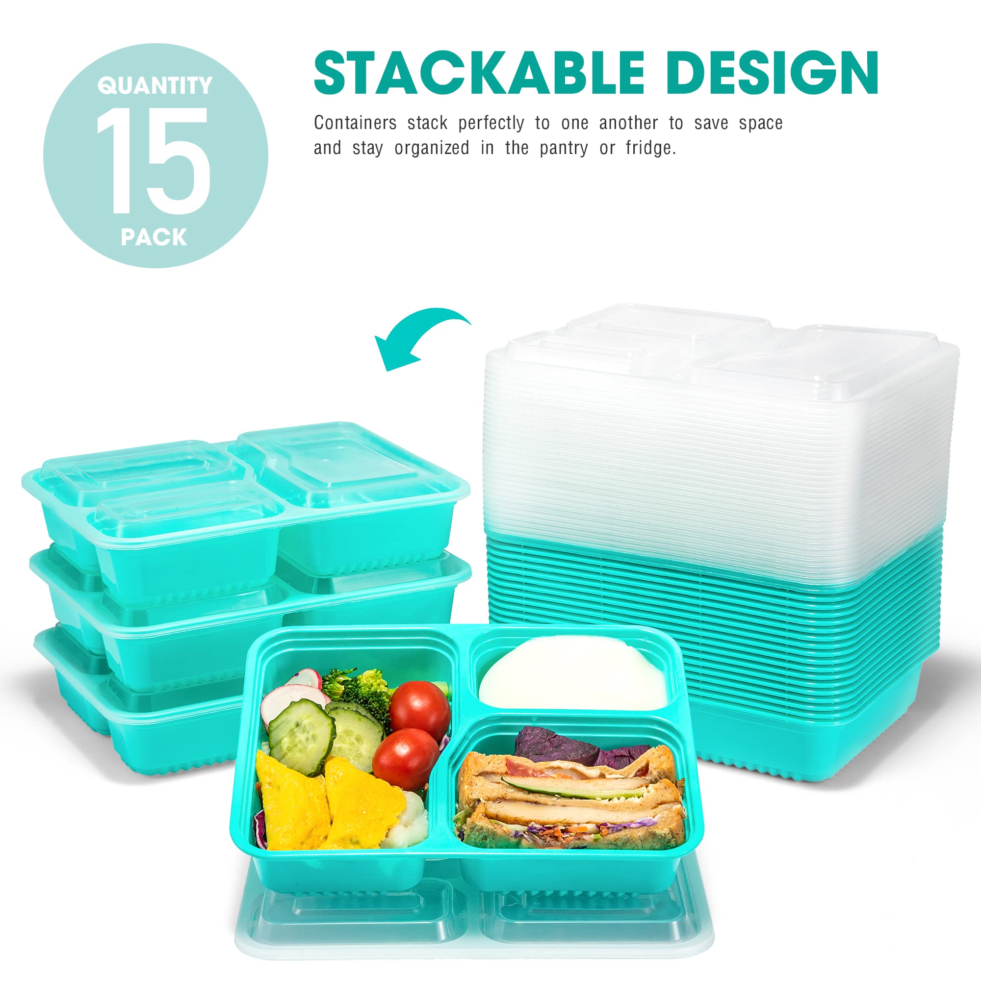 Glotoch Meal Prep Container Reusable, 15 Pack 34oz 3 Compartment To Go Containers for Food Snack, Plastic Divided Food Storage Meal Prep Containers With Lids for Microwave Freezer BPA-Free,Safe,Green