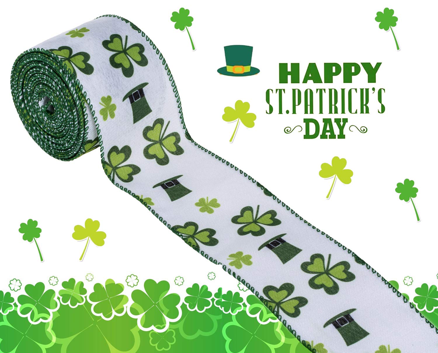 St Patrick's Day Wired Ribbon, 2 1/2 Inch by 10 Yards Emerald Green Shamrocks Lucky Ribbon for Gift Wrapping, Wreath and Party Decoration