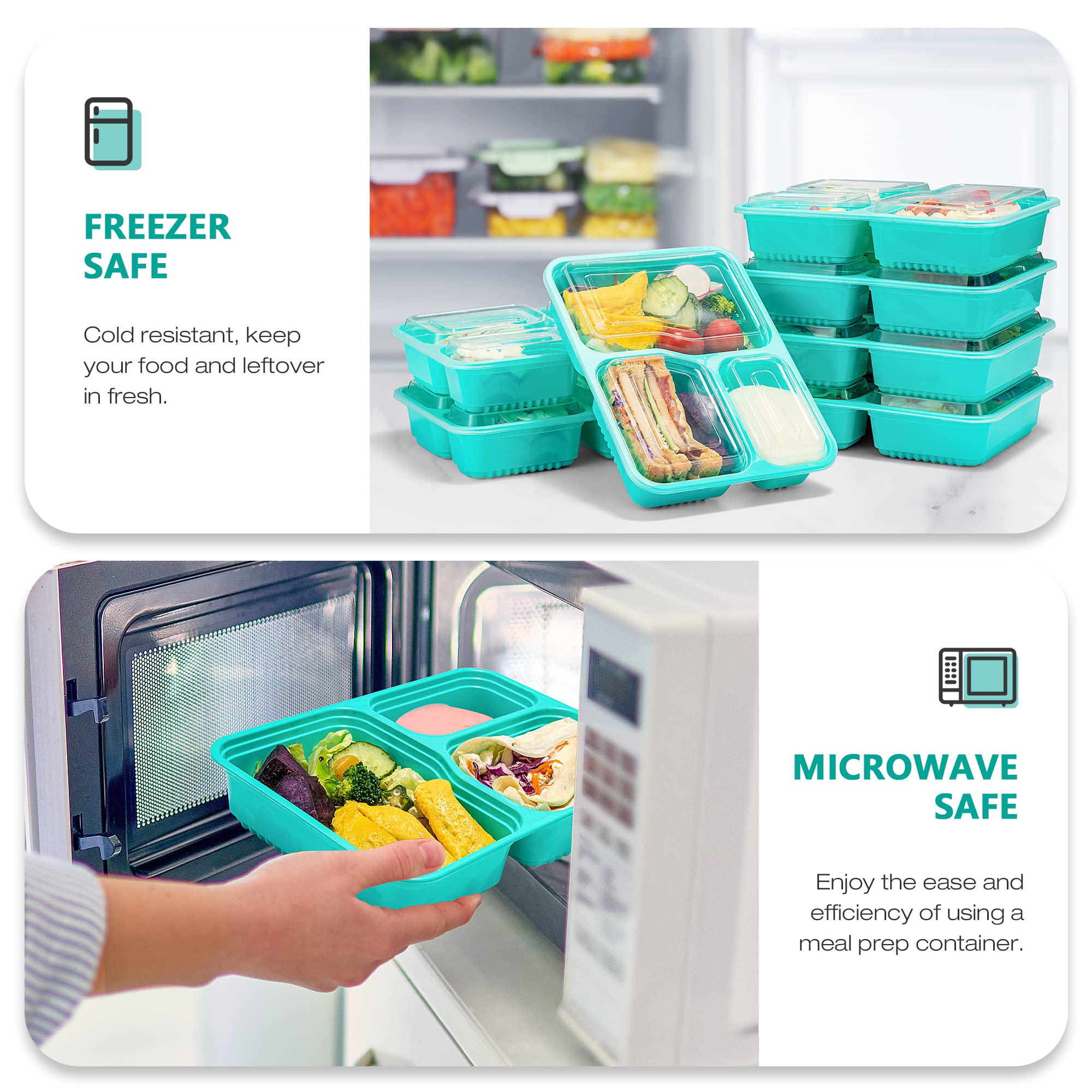 Glotoch Meal Prep Container Reusable, 15 Pack 34oz 3 Compartment To Go Containers for Food Snack, Plastic Divided Food Storage Meal Prep Containers With Lids for Microwave Freezer BPA-Free,Safe,Green