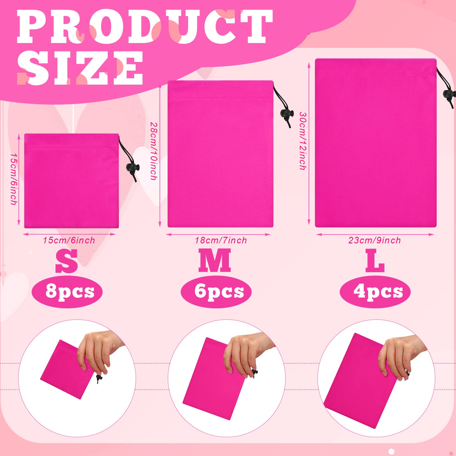 WILLBOND 18 Set of Toy Storage Adult Bags Foldable Toy Drawstring Bag Multi Purpose Toys Storage 3 Sizes Adjustable Ditty Bag Microfiber Pouch for Home Storage Travel, Hot Pink