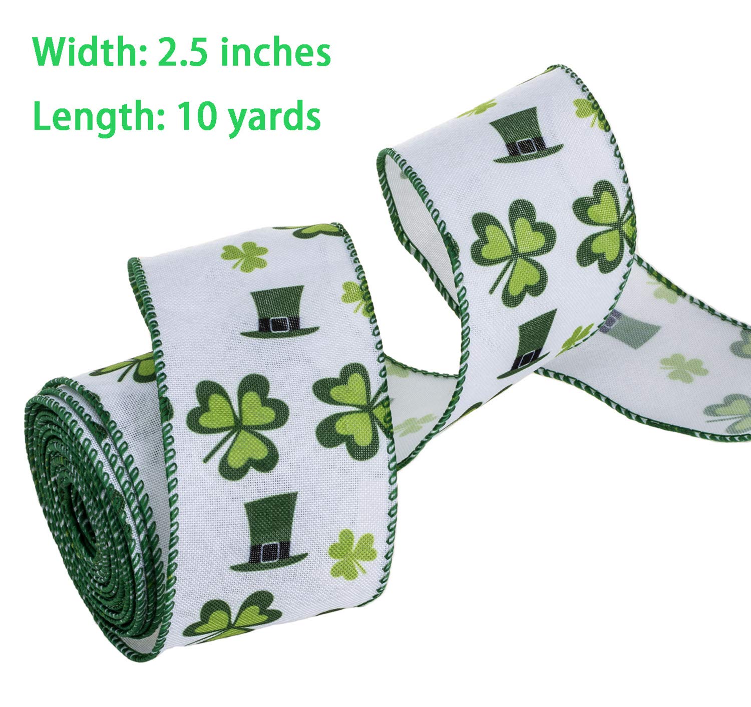 St Patrick's Day Wired Ribbon, 2 1/2 Inch by 10 Yards Emerald Green Shamrocks Lucky Ribbon for Gift Wrapping, Wreath and Party Decoration