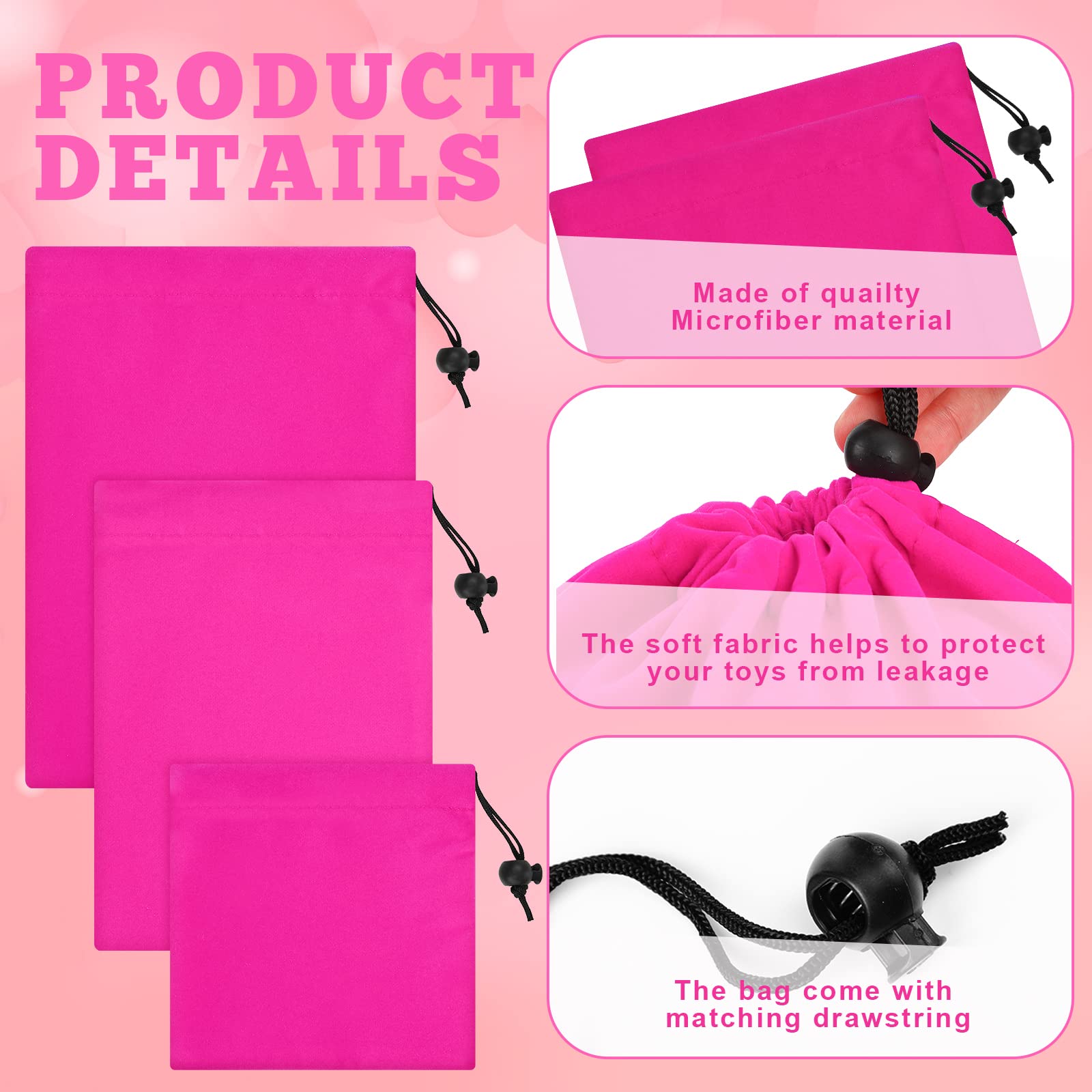 WILLBOND 18 Set of Toy Storage Adult Bags Foldable Toy Drawstring Bag Multi Purpose Toys Storage 3 Sizes Adjustable Ditty Bag Microfiber Pouch for Home Storage Travel, Hot Pink