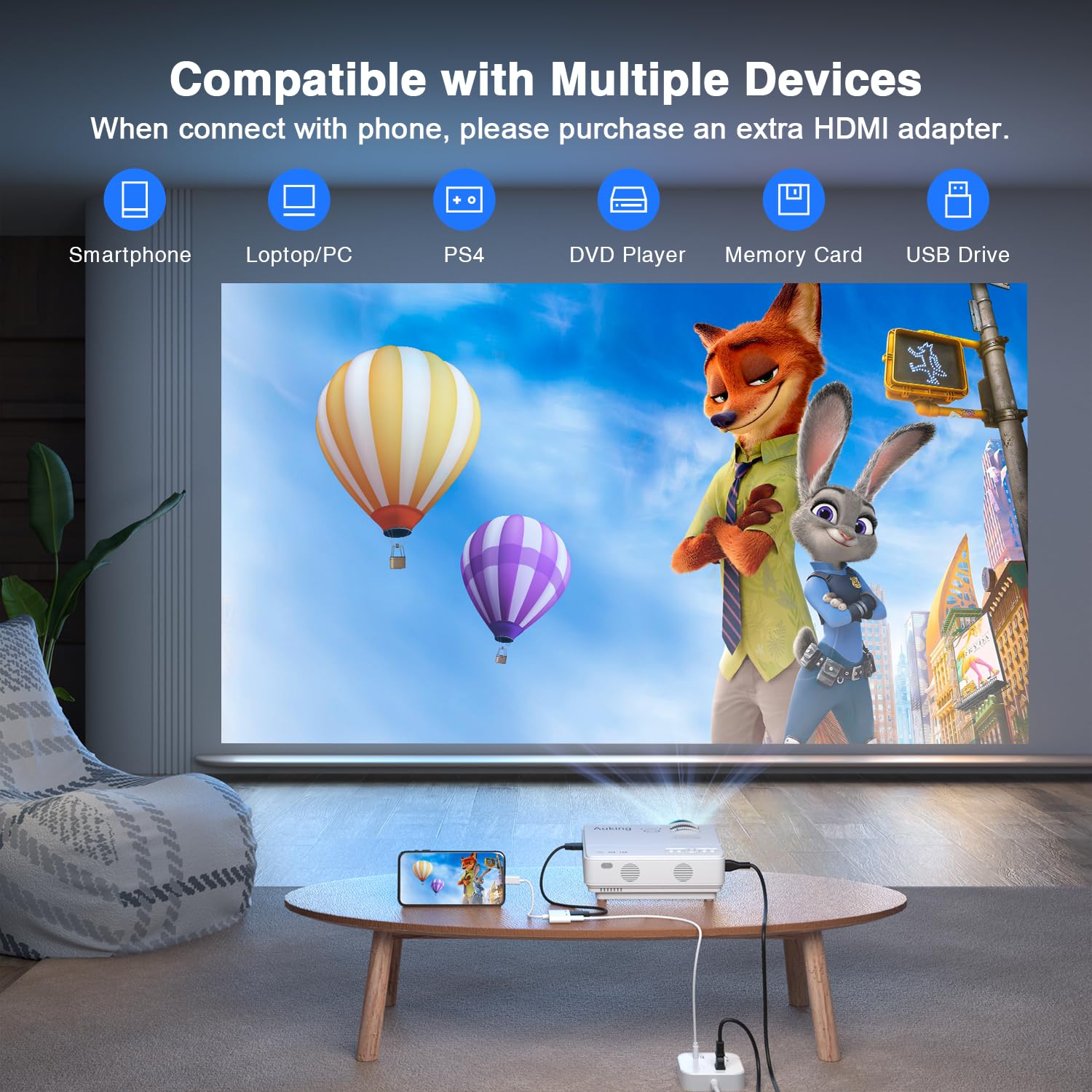 AuKing Projector, 2023 Upgraded Mini Projector, 7500 lumens Multimedia Home Theater Video Projector, Compatible with Full HD 1080P HDMI, USB, VGA, AV, Smartphone, Pad, TV Box, Laptop