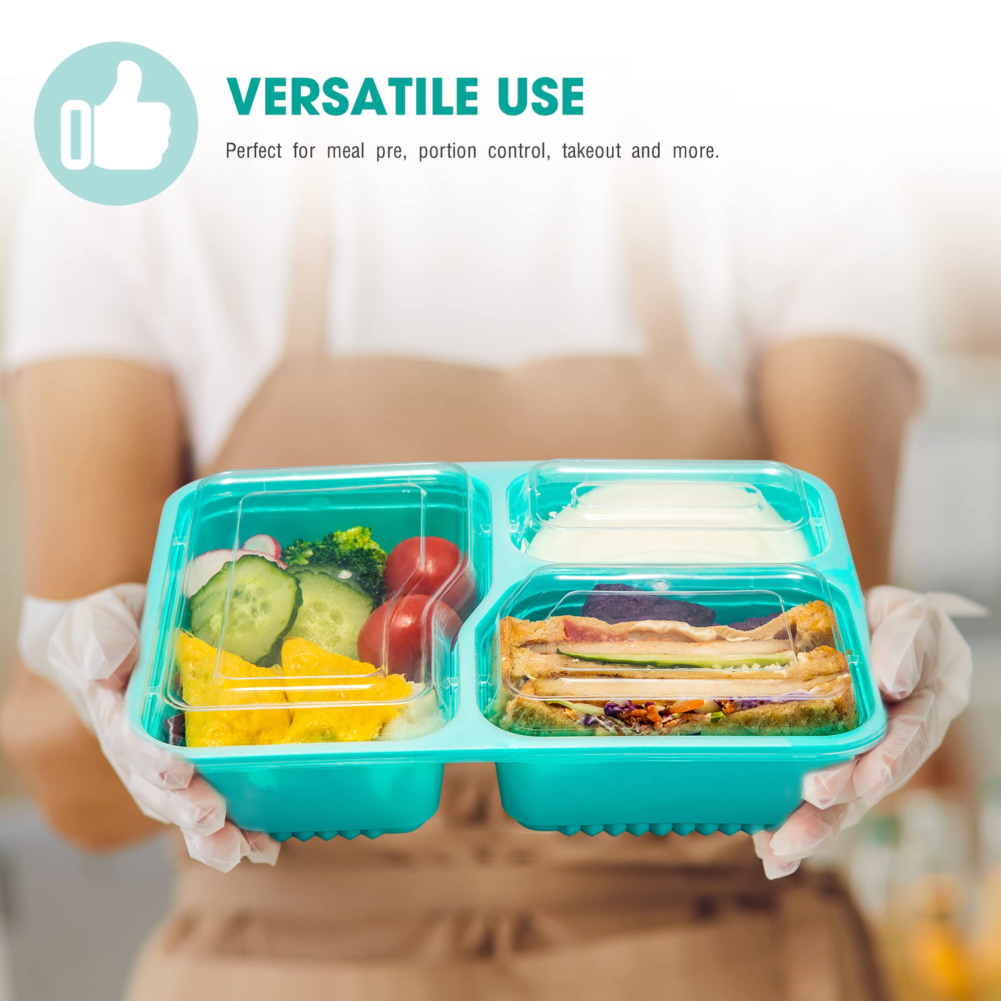Glotoch Meal Prep Container Reusable, 15 Pack 34oz 3 Compartment To Go Containers for Food Snack, Plastic Divided Food Storage Meal Prep Containers With Lids for Microwave Freezer BPA-Free,Safe,Green