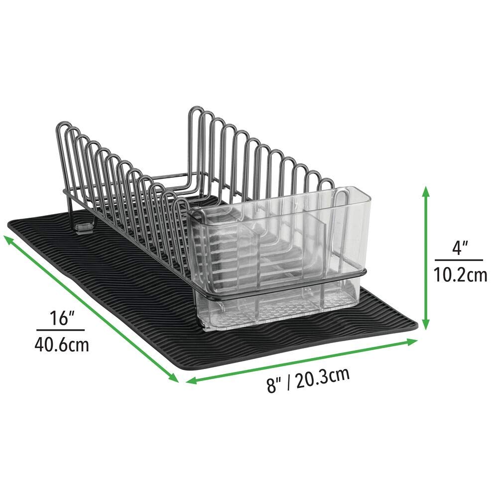 mDesign Steel Sink Dish Drying Rack/Dish Drainer Storage Organizer w/Wire Drainer, Drying Mat for Kitchen Counter, Easy Drain/Dry Dishes, Plate, Utensil, Concerto Collection, Set of 2 - Black/Dk Gray