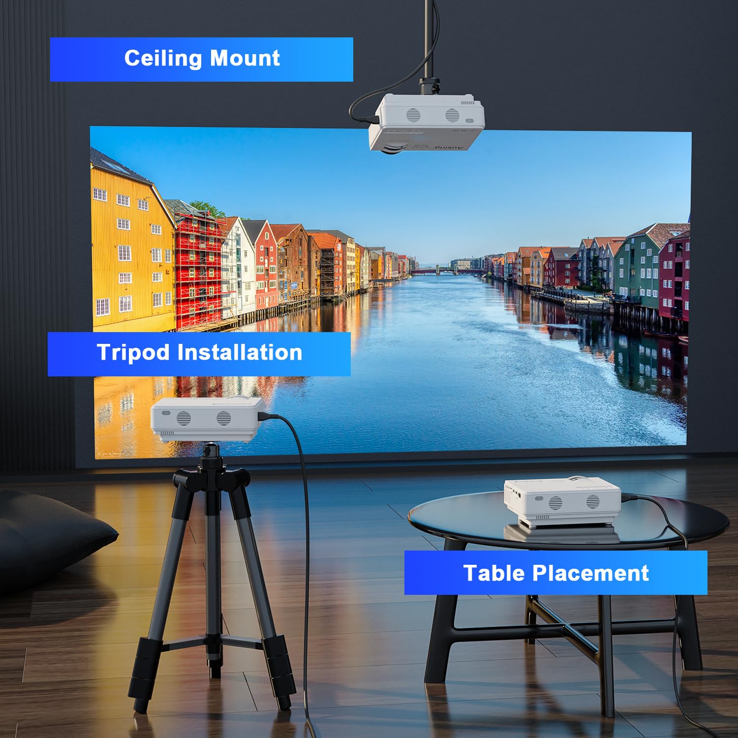 AuKing Projector, 2023 Upgraded Mini Projector, 7500 lumens Multimedia Home Theater Video Projector, Compatible with Full HD 1080P HDMI, USB, VGA, AV, Smartphone, Pad, TV Box, Laptop