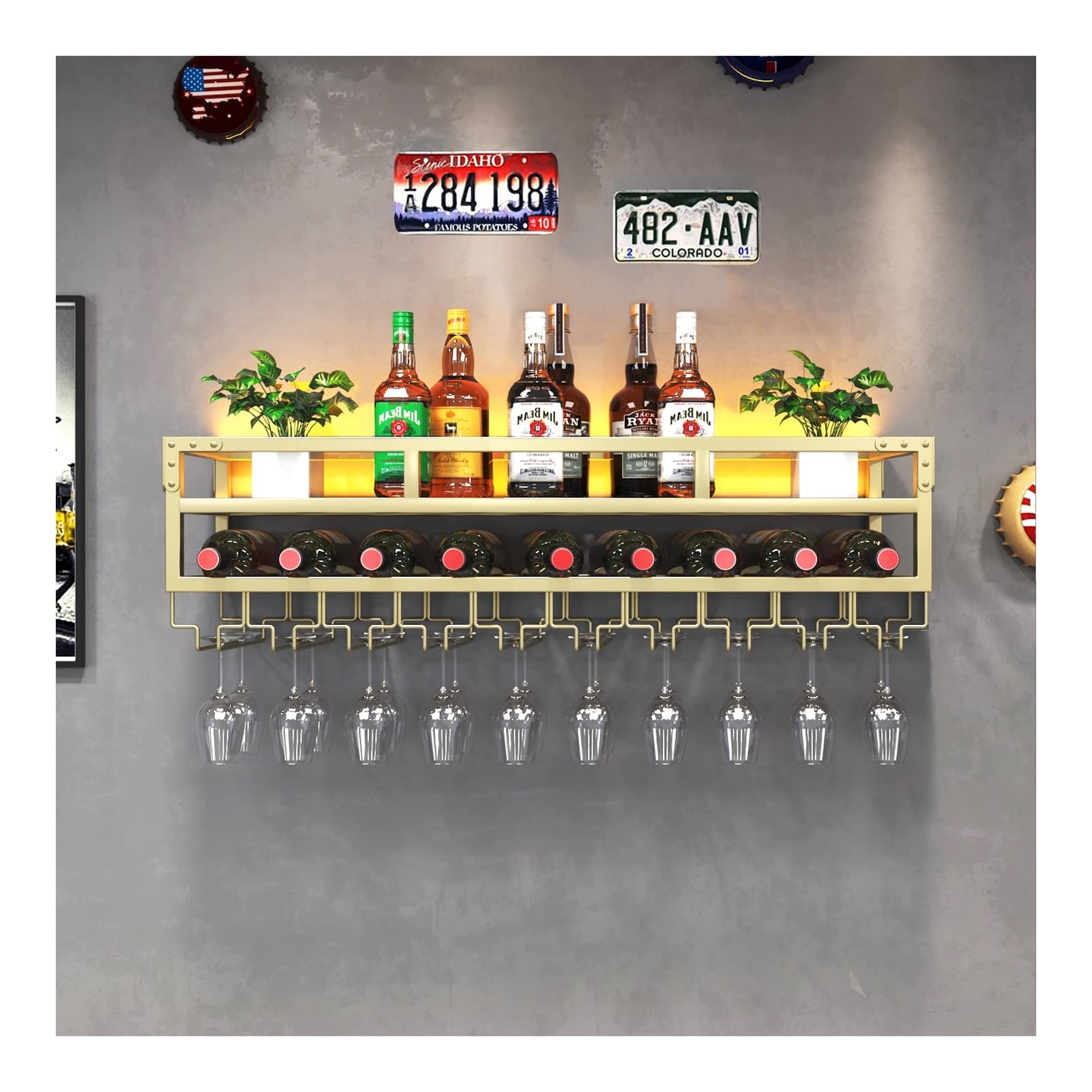 PENGFEI LED Wine Rack Wall Mounted, Industrial Metal Hanging Wine Bottle & Glass Holder, Large Floating Shelves Wine Bottle Organizer Goblet Rack for Home Bar Dining Room Decor