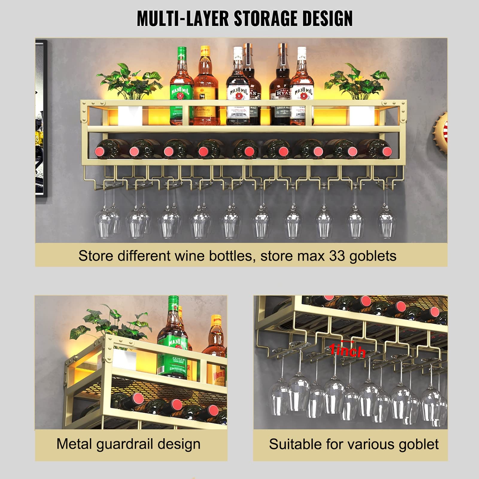 PENGFEI LED Wine Rack Wall Mounted, Industrial Metal Hanging Wine Bottle & Glass Holder, Large Floating Shelves Wine Bottle Organizer Goblet Rack for Home Bar Dining Room Decor