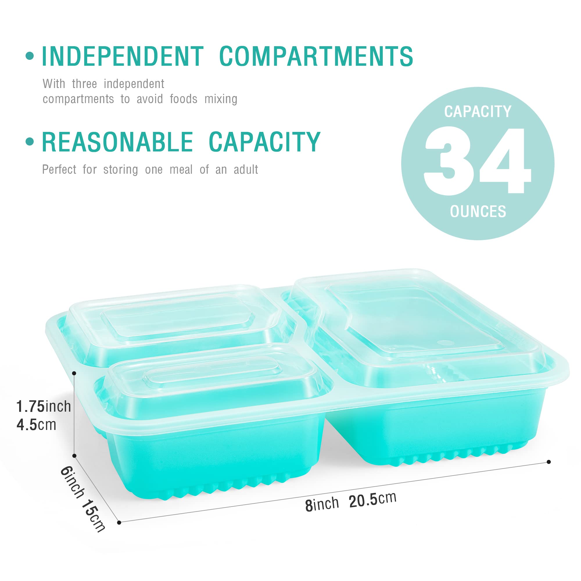 Glotoch Meal Prep Container Reusable, 15 Pack 34oz 3 Compartment To Go Containers for Food Snack, Plastic Divided Food Storage Meal Prep Containers With Lids for Microwave Freezer BPA-Free,Safe,Green