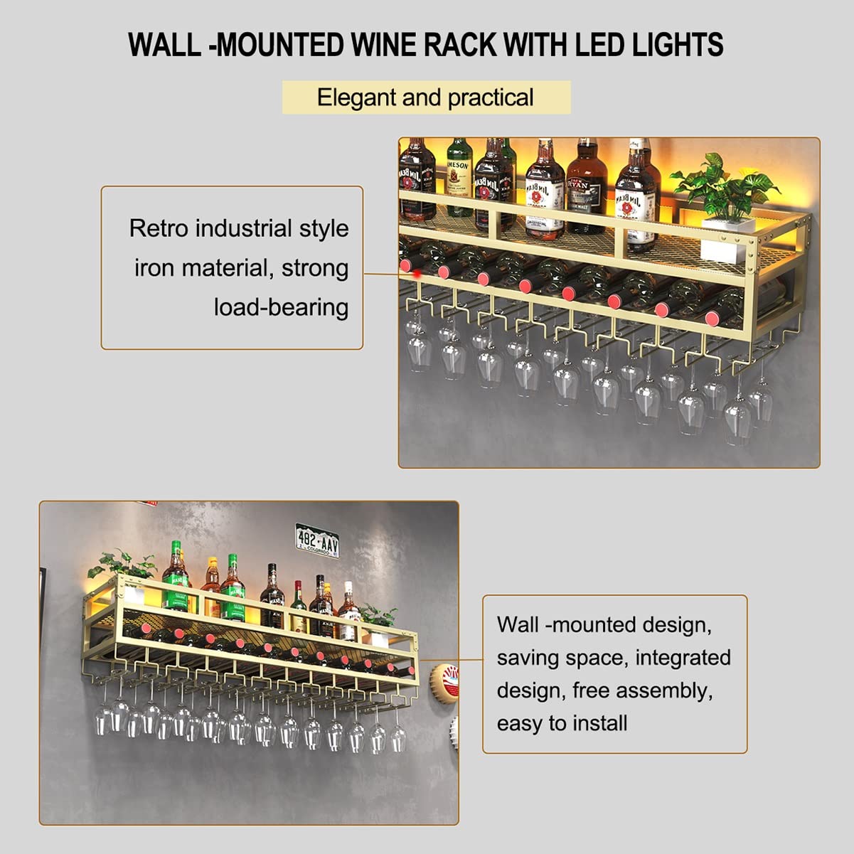 PENGFEI LED Wine Rack Wall Mounted, Industrial Metal Hanging Wine Bottle & Glass Holder, Large Floating Shelves Wine Bottle Organizer Goblet Rack for Home Bar Dining Room Decor