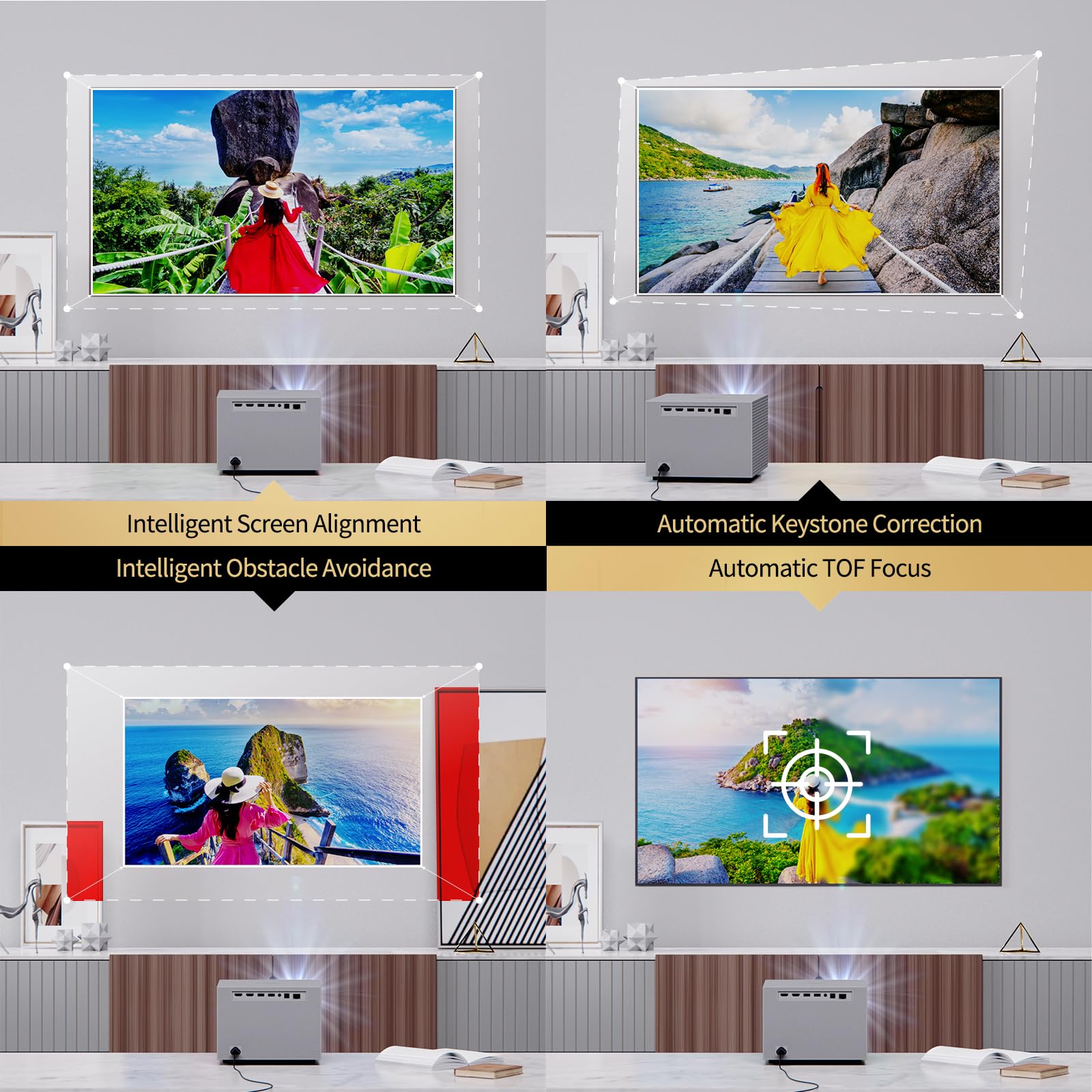 Movie Projector, WEMAX Vogue Pro 1080p Home Theater Projector with WiFi Bluetooth, 1600 ANSI Lumens, Support 4k, Dolby Audio DTS-HD, 200 Inch Image, Auto Object Avoidance, Side Projection