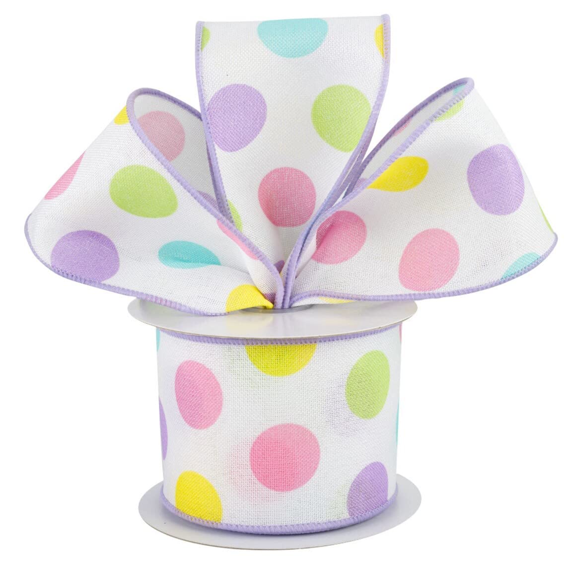 Pastel Polka Dots Wired Ribbon - 2 1/2" x 10 Yards, White, Pink, Purple, Blue, Green, Yellow, Easter, Spring, Baby Shower, Birthday Gift Bow, Wreath