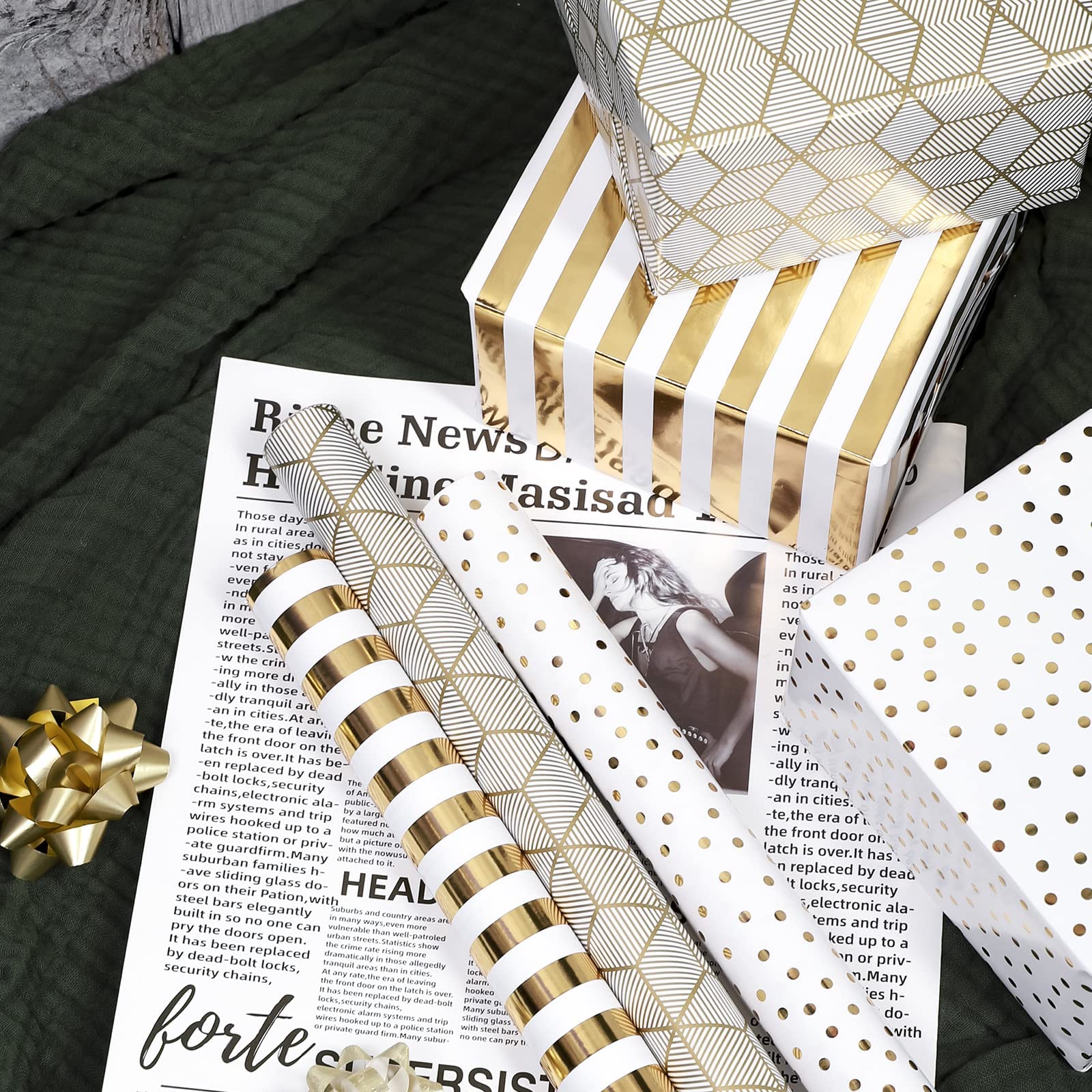 MAYPLUSS Wrapping Paper Roll - Mini Roll - 17 inch X 120 inch Per roll - White & Gold Foil Design (42.3 sq.ft.ttl)