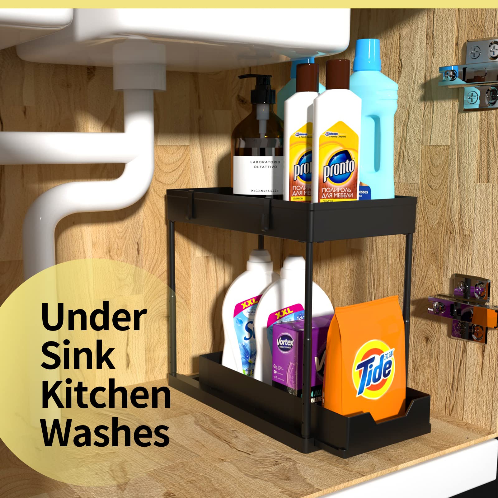 Yannimart Height Adjustable Under Sink Organizers and Storage for Bathroom and Kitchen Cabinet 2 Tier Under Sink Organizer with One Sliding as Home Kitchen Organization and Kitchen Must Haves