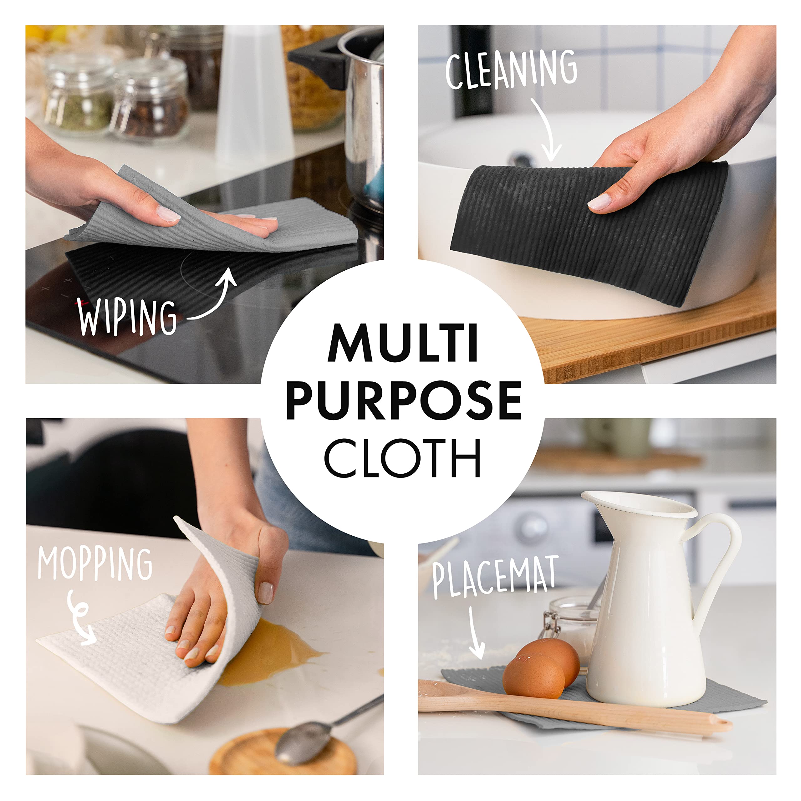 SUPERSCANDI Swedish Dishcloths for Kitchen Grey 10 Pack Reusable Compostable Kitchen Cloth Made in Sweden Cellulose Sponge Swedish Dish Cloths for Washing Dishes