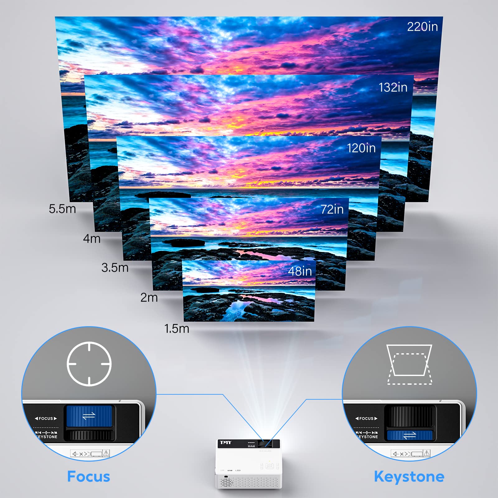 TMY Projector 7500 Lumens with 100" Projector Screen, 1080P Full HD Supported Portable Projector, Mini Movie Projector Compatible with TV Stick Smartphone HDMI USB AV, for Home Cinema & Outdoor Movies