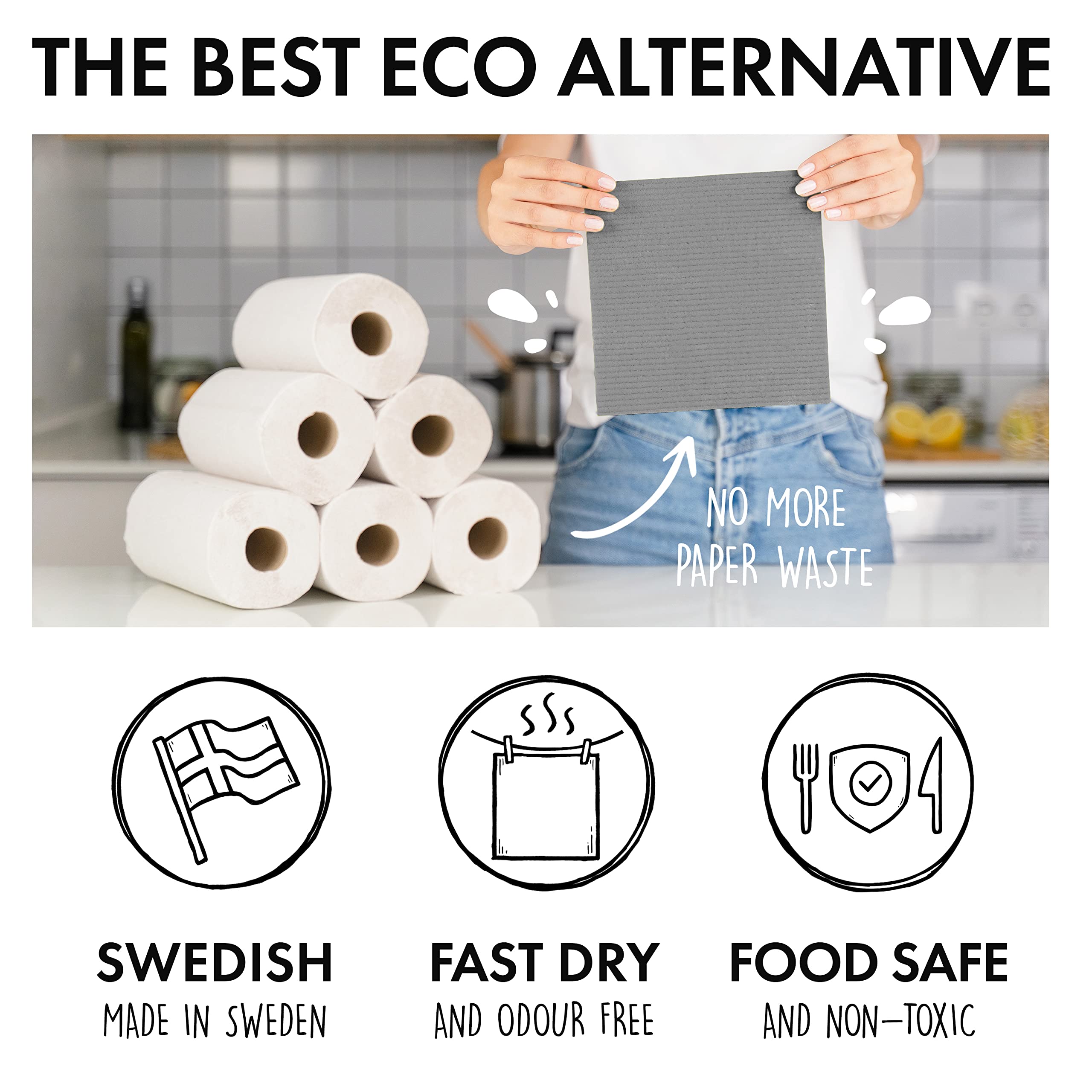 SUPERSCANDI Swedish Dishcloths for Kitchen Grey 10 Pack Reusable Compostable Kitchen Cloth Made in Sweden Cellulose Sponge Swedish Dish Cloths for Washing Dishes
