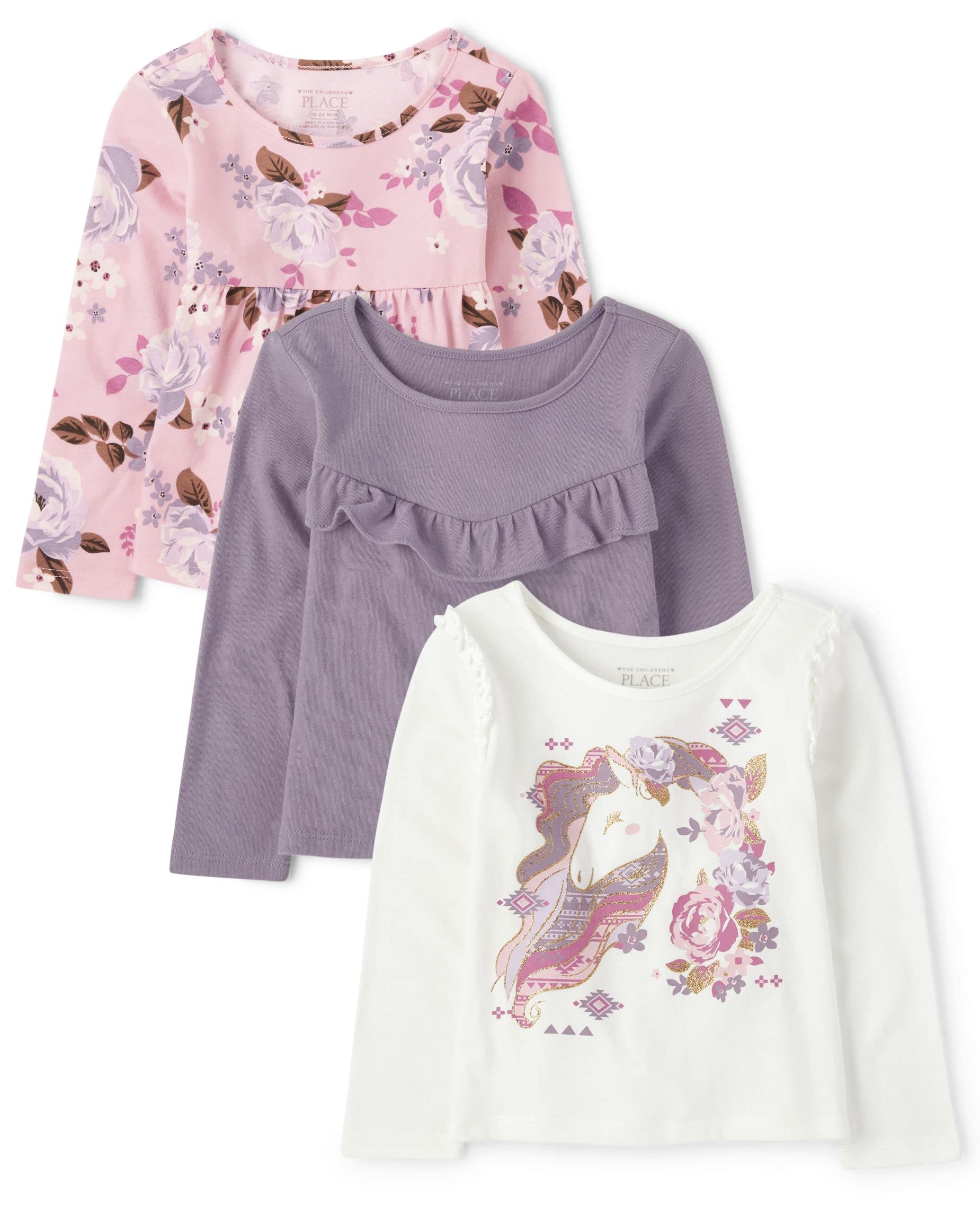 The Children's Place Baby Toddler Girls Long Sleeve Fashion Shirt 3-Pack, Pink Fall/LT Plum/Fall Unicorn 3 Pack, 12-18 Months