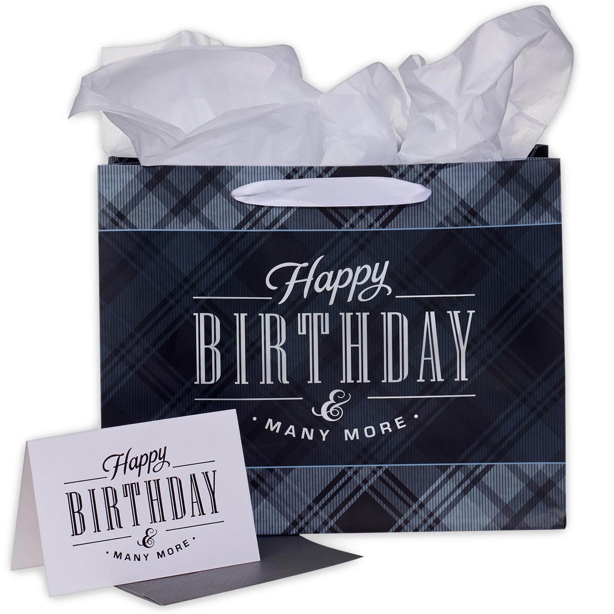 Christian Art Gifts Landscape Gift Bag with Card and Tissue Paper Set - Happy Birthday and Many More, Black and Navy Blue Plaid, Large