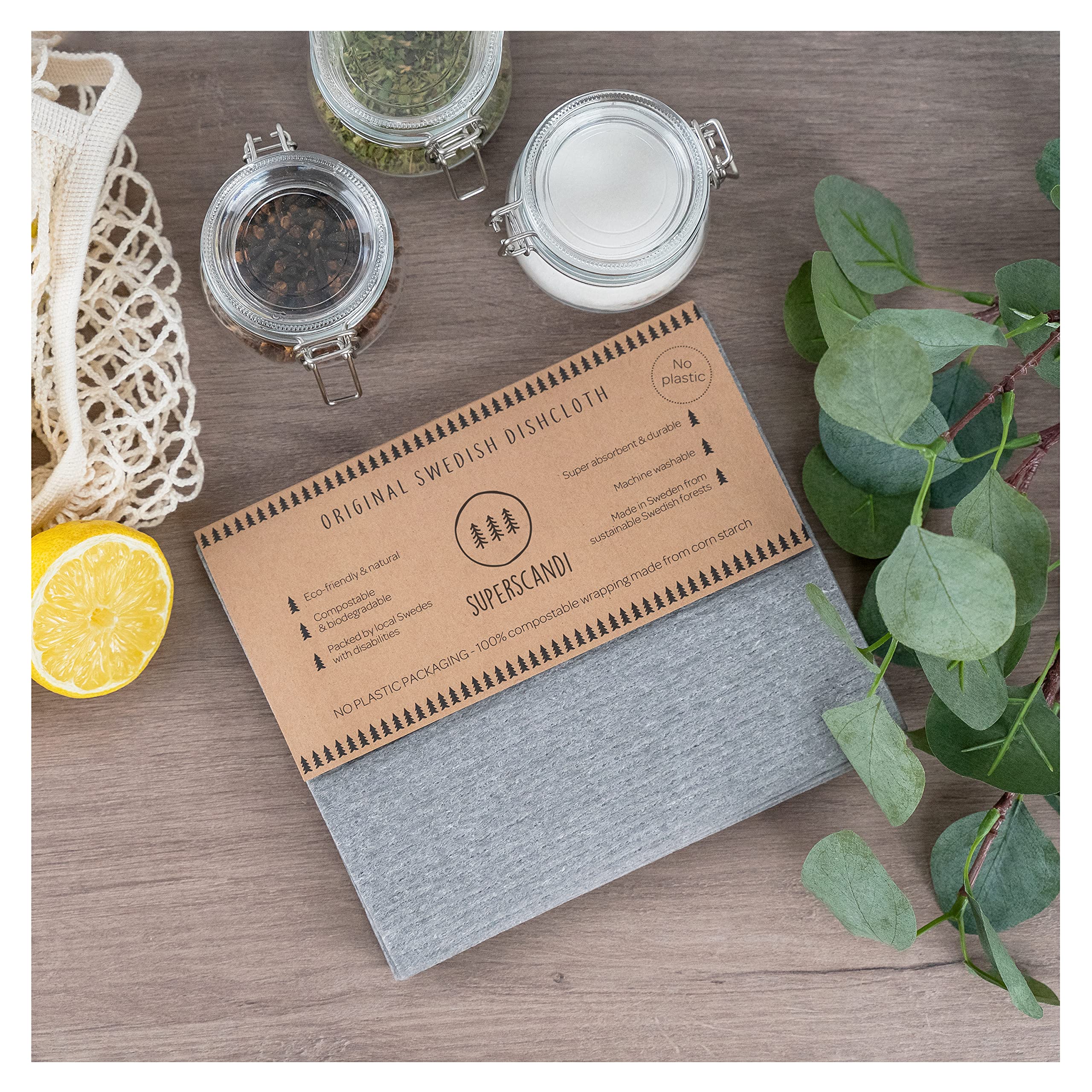 SUPERSCANDI Swedish Dishcloths for Kitchen Grey 10 Pack Reusable Compostable Kitchen Cloth Made in Sweden Cellulose Sponge Swedish Dish Cloths for Washing Dishes