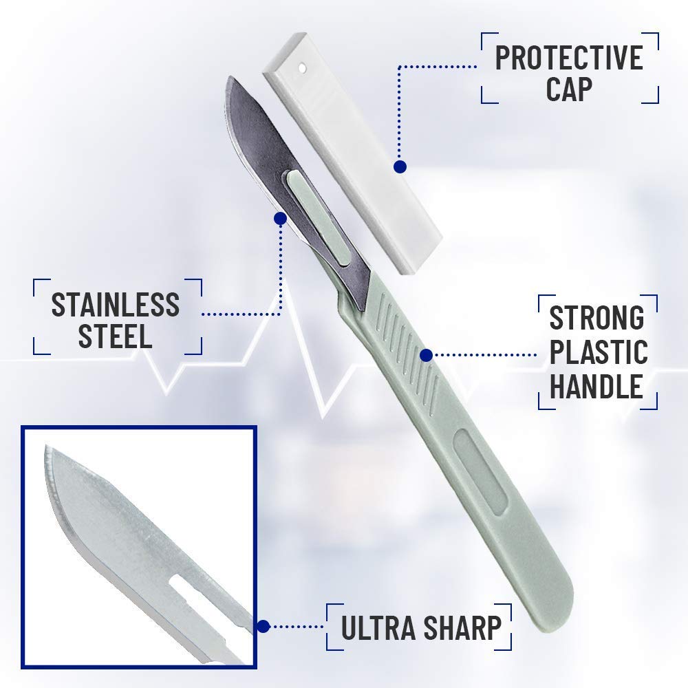 MedHelp - Disposable Scalpel 10 and 11, Pack of 20 Dermaplaning Blades w. Plastic Handle, Surgical Knife Scalpel, Dermablade Surgical Blades Individually Wrapped 10x10 Blade and 1x11 Blade, Sterile