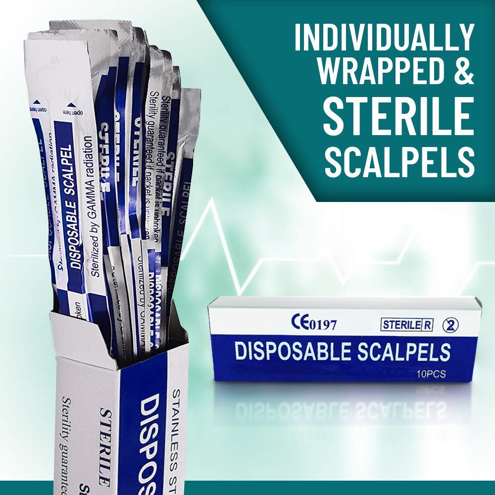 MedHelp - Disposable Scalpel 10 and 11, Pack of 20 Dermaplaning Blades w. Plastic Handle, Surgical Knife Scalpel, Dermablade Surgical Blades Individually Wrapped 10x10 Blade and 1x11 Blade, Sterile