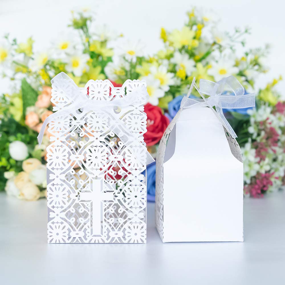 JOLALIA Baptism Cross Favor Boxes 50pcs,Laser Cut Candy Gift Box With Ribbons for Baptism, Christening Party, First Communion Baby Shower Wedding Party Bomboniere Decoration (2.9" x2.36" x3.14")
