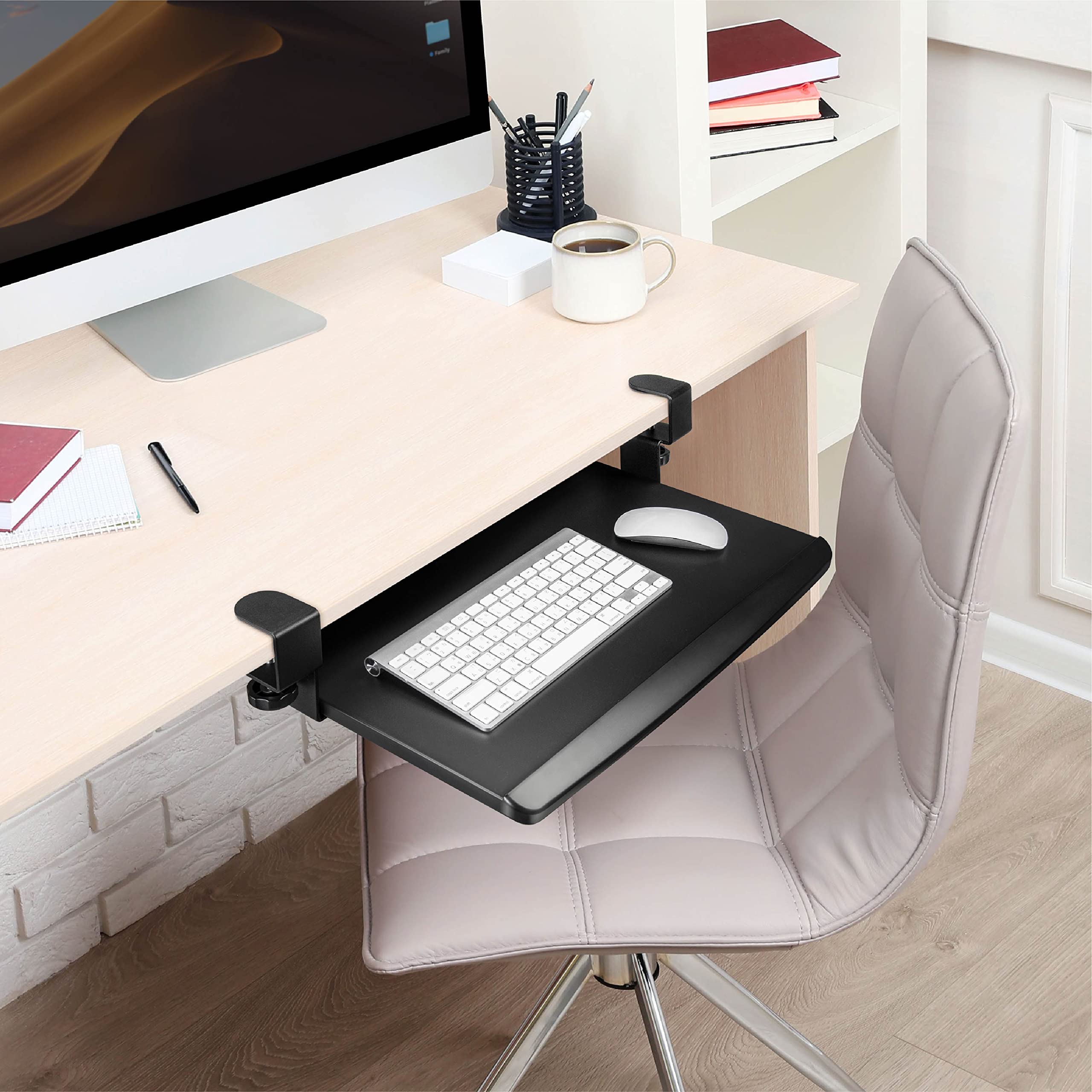 EHO Clamp-On Retractable Adjustable Keyboard Tray, Under Desk Ergonomic Keyboard Tray - Easy Tool-Free Install - Small Surface 20" x 11.5"