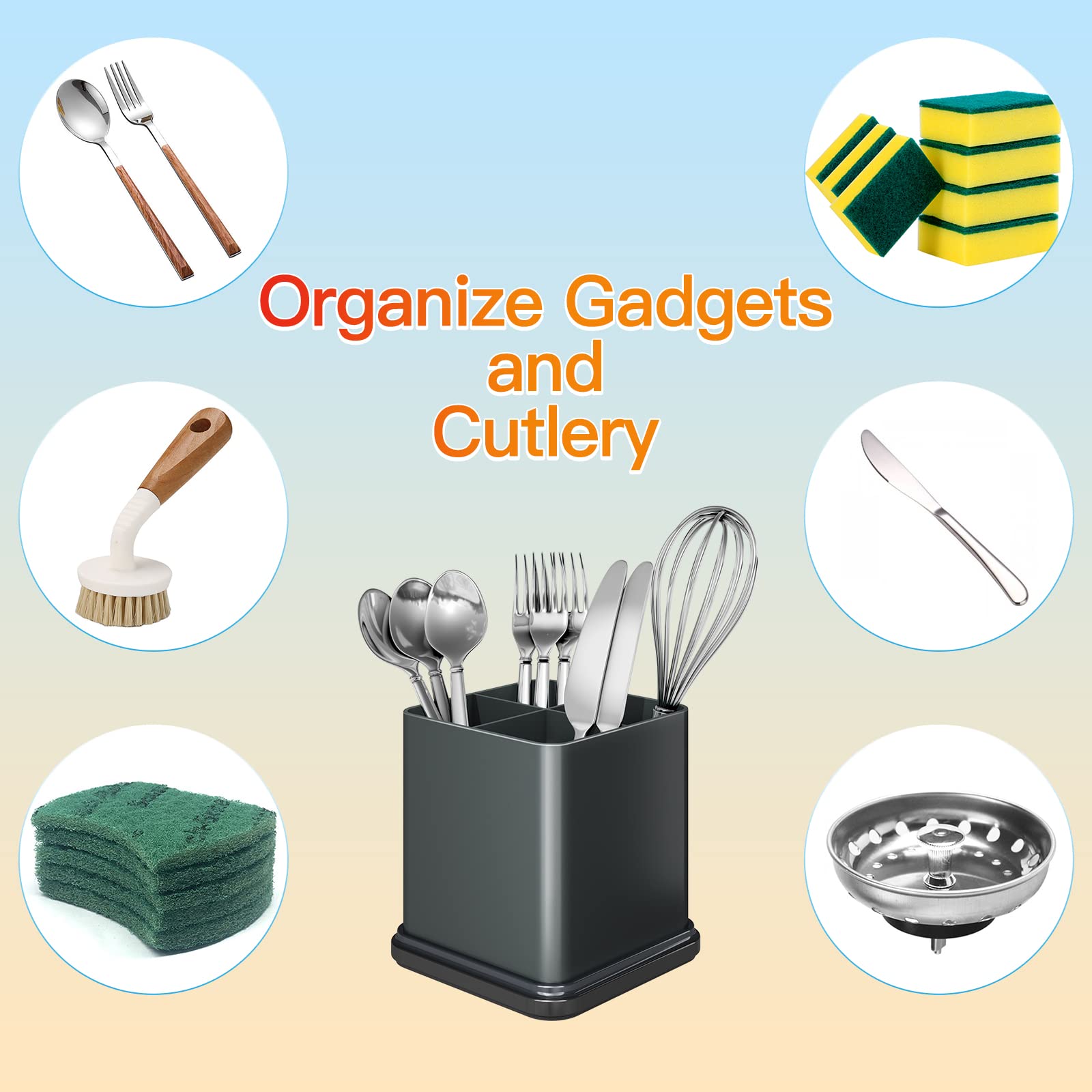Utensil Holder, Paroson Aluminum Kitchen Utensil Holder with 4 Compartments,Silverware Holder Perfect for Kitchen Spatula Spoon,Cutlery,Utensil Organize(Dark Grey)