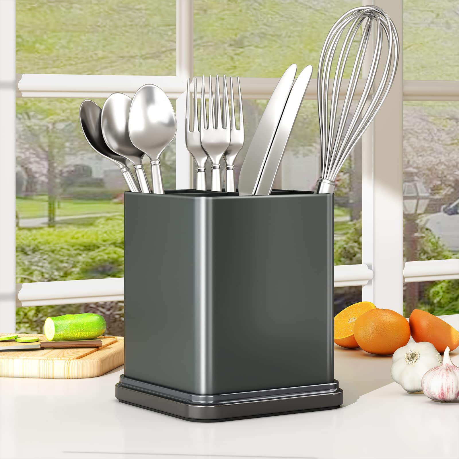 Utensil Holder, Paroson Aluminum Kitchen Utensil Holder with 4 Compartments,Silverware Holder Perfect for Kitchen Spatula Spoon,Cutlery,Utensil Organize(Dark Grey)