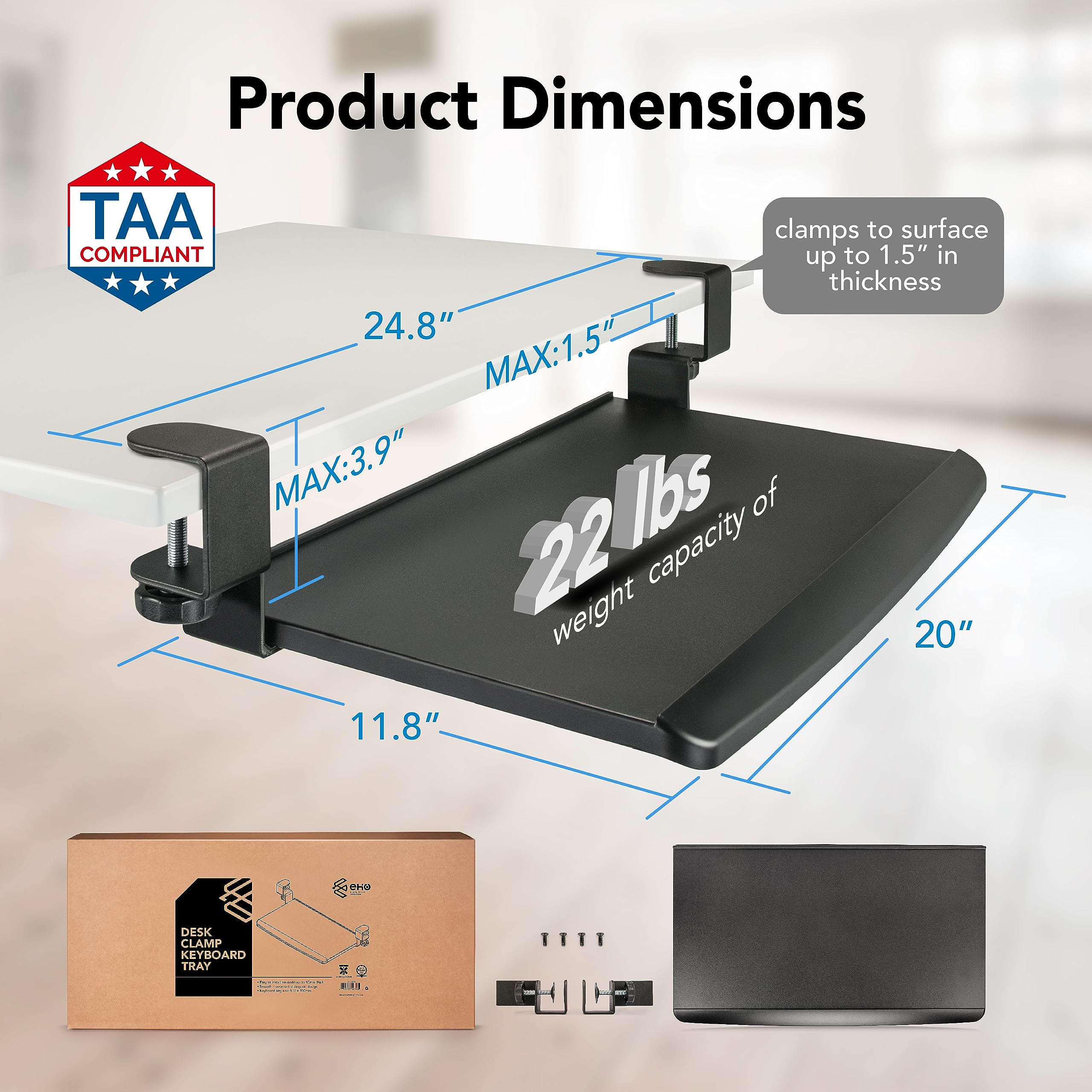 EHO Clamp-On Retractable Adjustable Keyboard Tray, Under Desk Ergonomic Keyboard Tray - Easy Tool-Free Install - Small Surface 20" x 11.5"