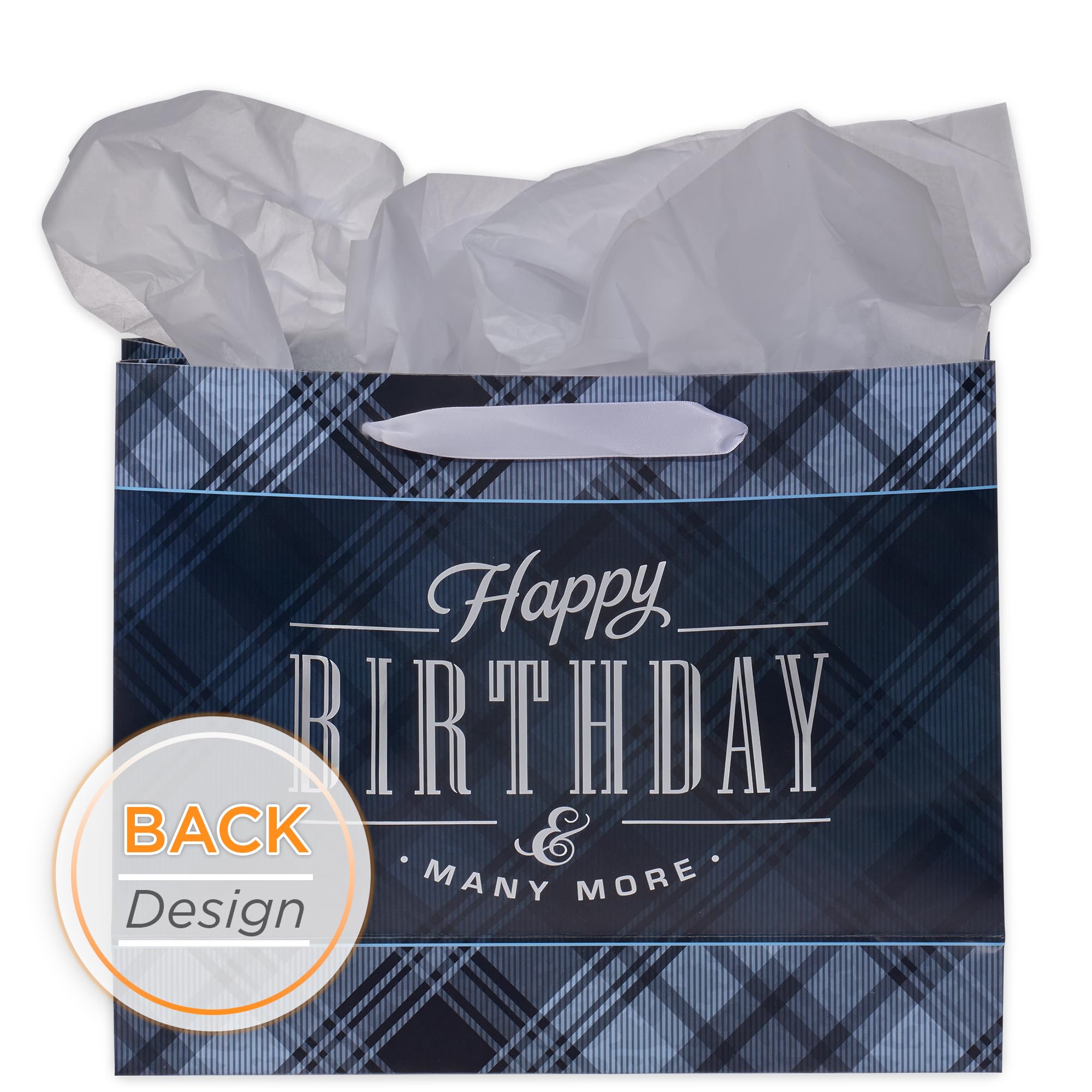 Christian Art Gifts Landscape Gift Bag with Card and Tissue Paper Set - Happy Birthday and Many More, Black and Navy Blue Plaid, Large