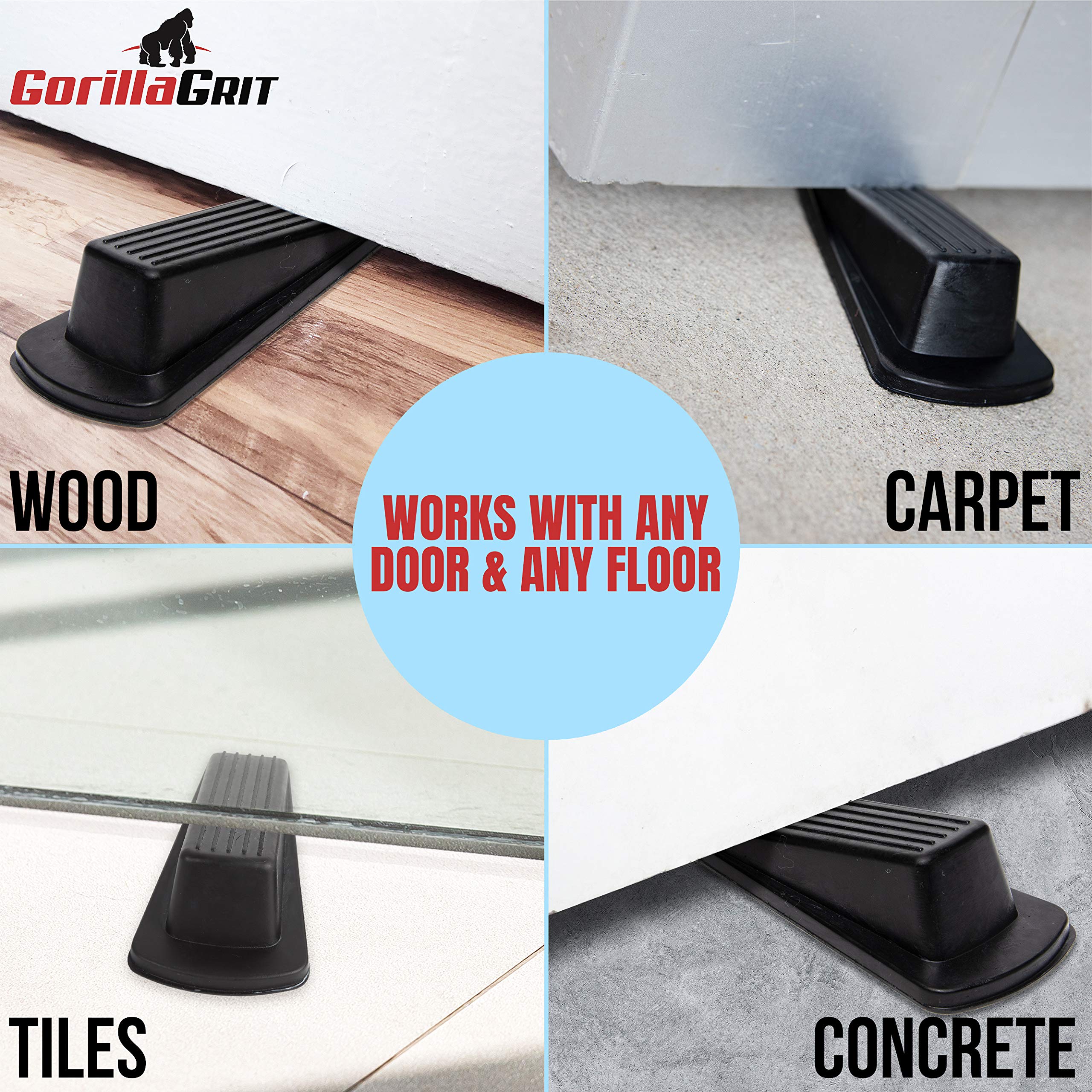 Rubber Door Stoppers - Door Stop Wedge, Large Heavy Duty Flexible Door Holder - Black 4 Pack - Non Marking Anti Slip Jammer