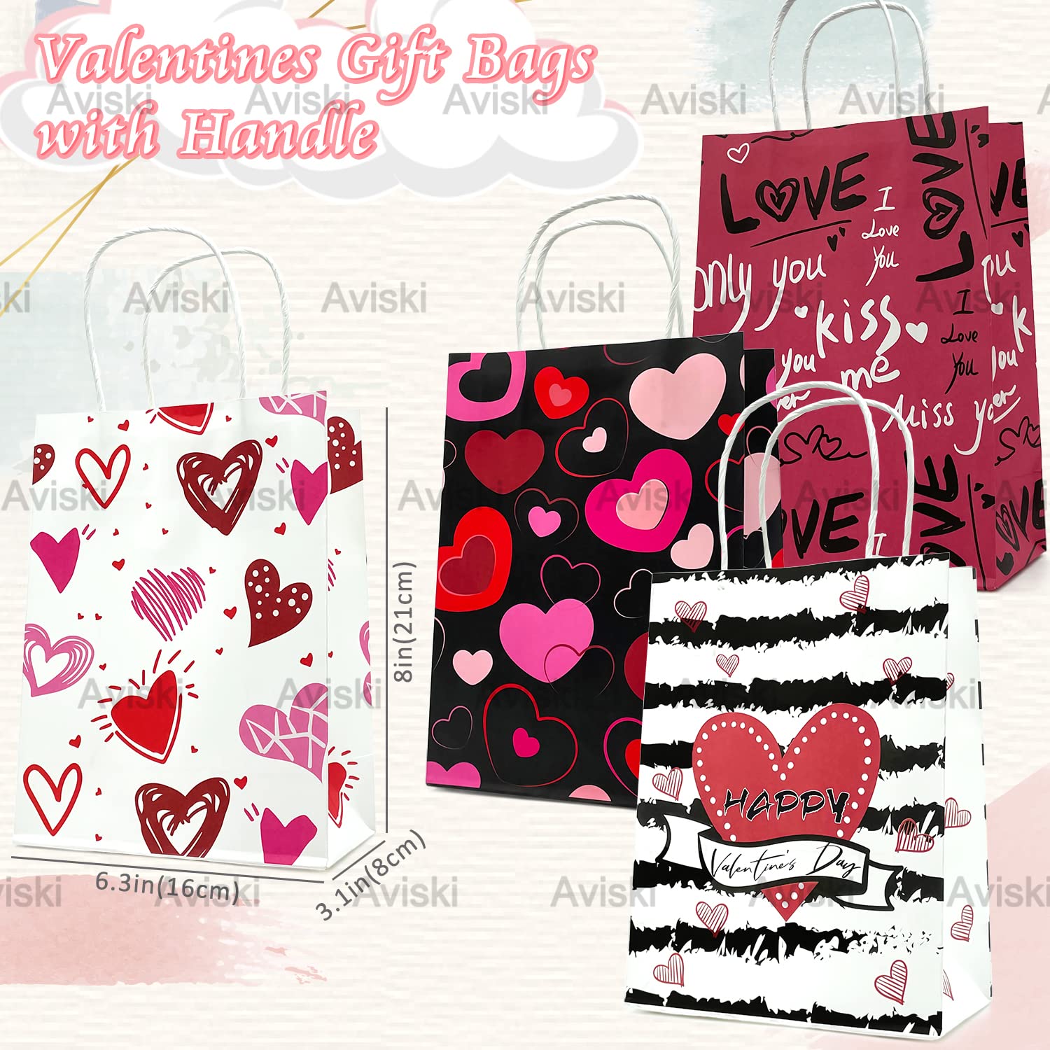 17pcs Valentines Day Gift Bags, Gift Box Set, Candy Bag, Gift Boxes, Small Present Boxes, Gift Bags with Handles, Recycled Party Boxes and Bags, Heart Printed Cardboard Box for Candy, Cookies and Party Favors