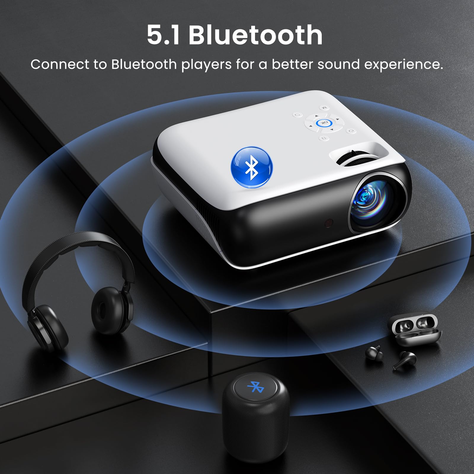 HAPPRUN Projector, Native 1080P Bluetooth Projector with 100''Screen, 9500L Portable Outdoor Movie Projector Compatible with Smartphone, HDMI,USB,AV,Fire Stick, PS5