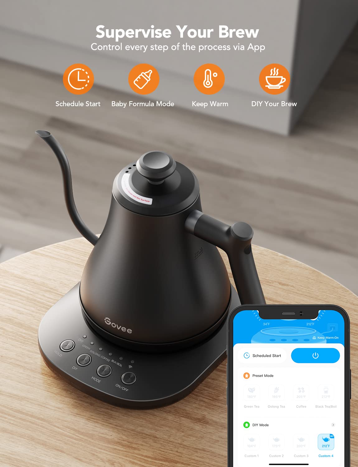 Govee Smart Electric Kettle, WiFi Variable Temperature Control Gooseneck Kettle, Pour Over Kettle and Tea Kettle, Alexa Control, 1200W Quick Heating, 100% Stainless Steel, 0.8L, Matte Black