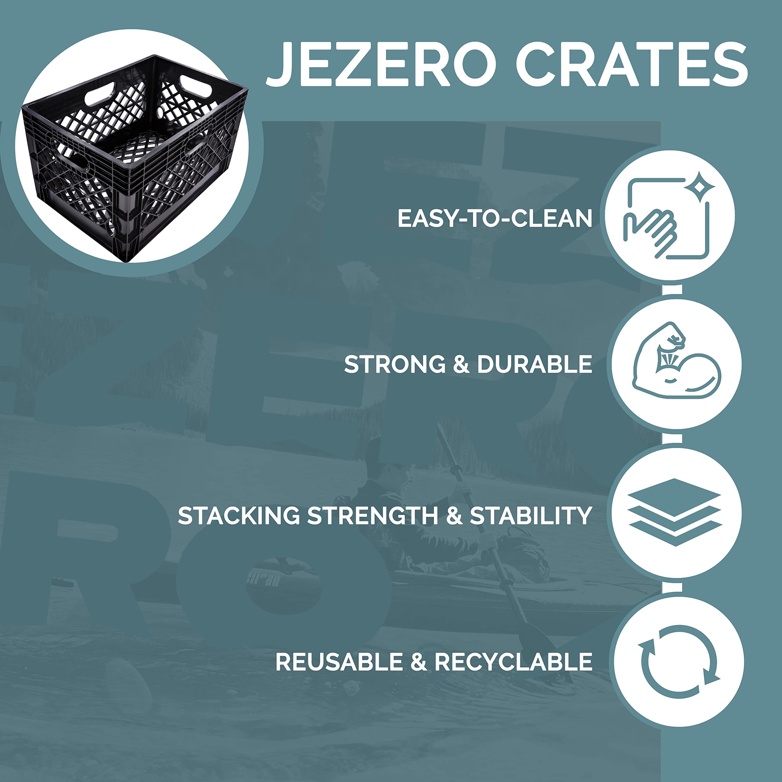 JEZERO Milk Crate for Household Storage: The Ultimate Storage Tote for Groceries, Garages, Kayaking & Outdoor, Stackable Storage | BLACK, Plastic, 13" x 11" x 19β, 2-Pack (MC24-2PK)