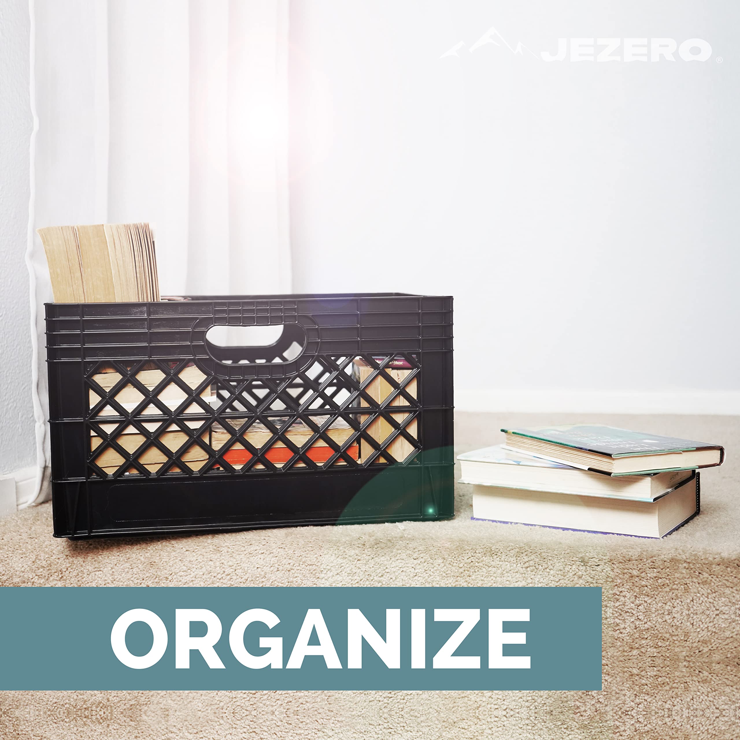 JEZERO Milk Crate for Household Storage: The Ultimate Storage Tote for Groceries, Garages, Kayaking & Outdoor, Stackable Storage | BLACK, Plastic, 13" x 11" x 19β, 2-Pack (MC24-2PK)