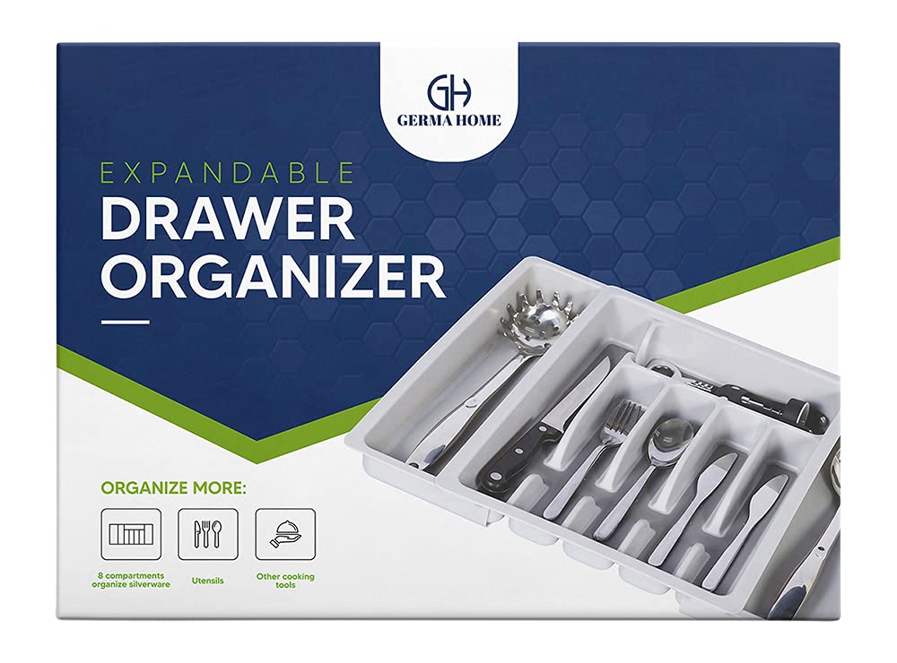 Expandable Utensil Drawer Organizer - Modern Cutlery Organizer in Drawer with Dividers - 8 Compartments Kitchen Silverware Drawer Organizer Tray for Utensils and Flatware