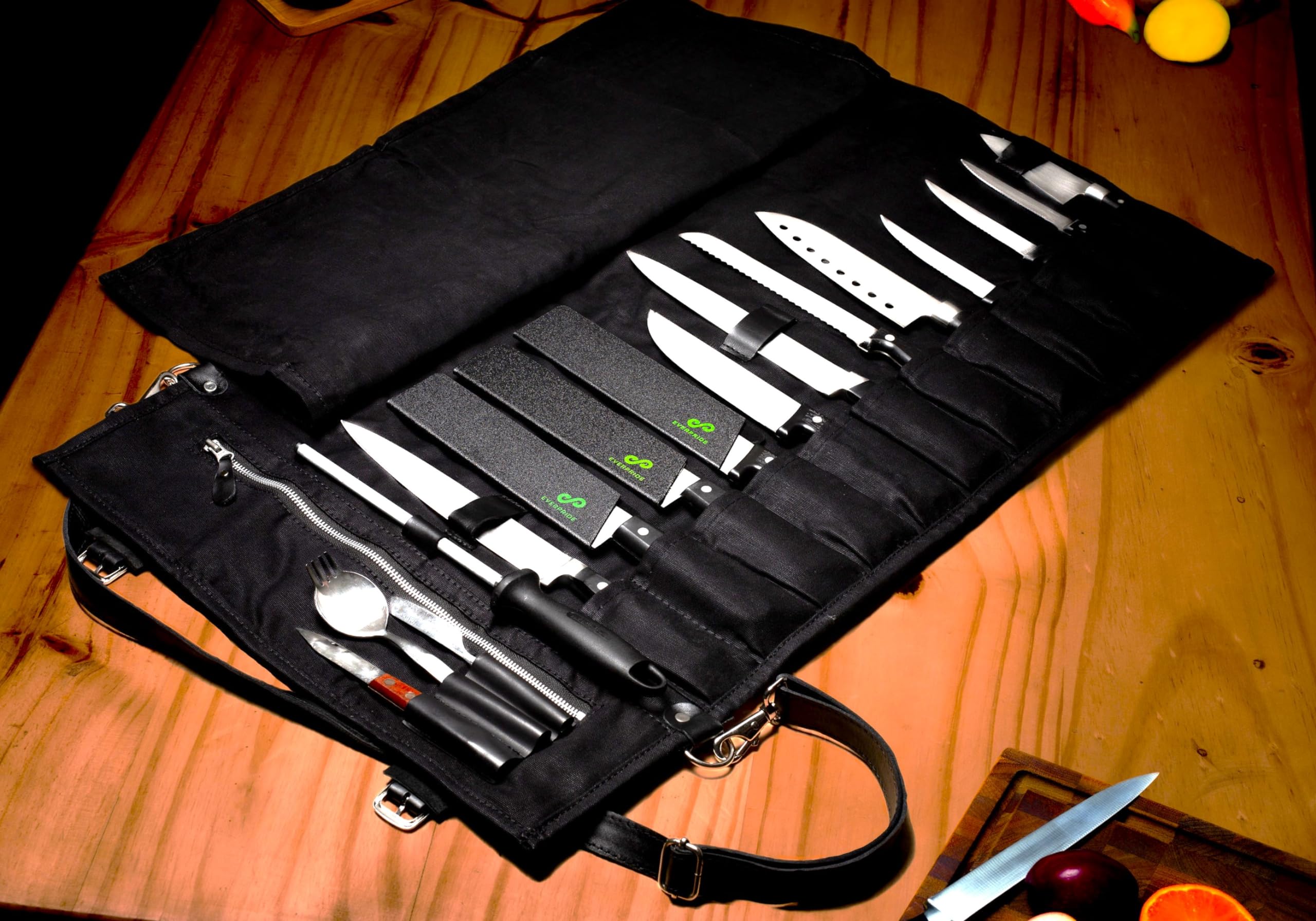 EVERPRIDE Chef Knife Roll Bag Holds 12 Knives and Cooking Tools β Durable, Large Knife Case Made of Canvas and Genuine Leather β Elegant Chef Bag for Professional Cooks β Knives Not Included
