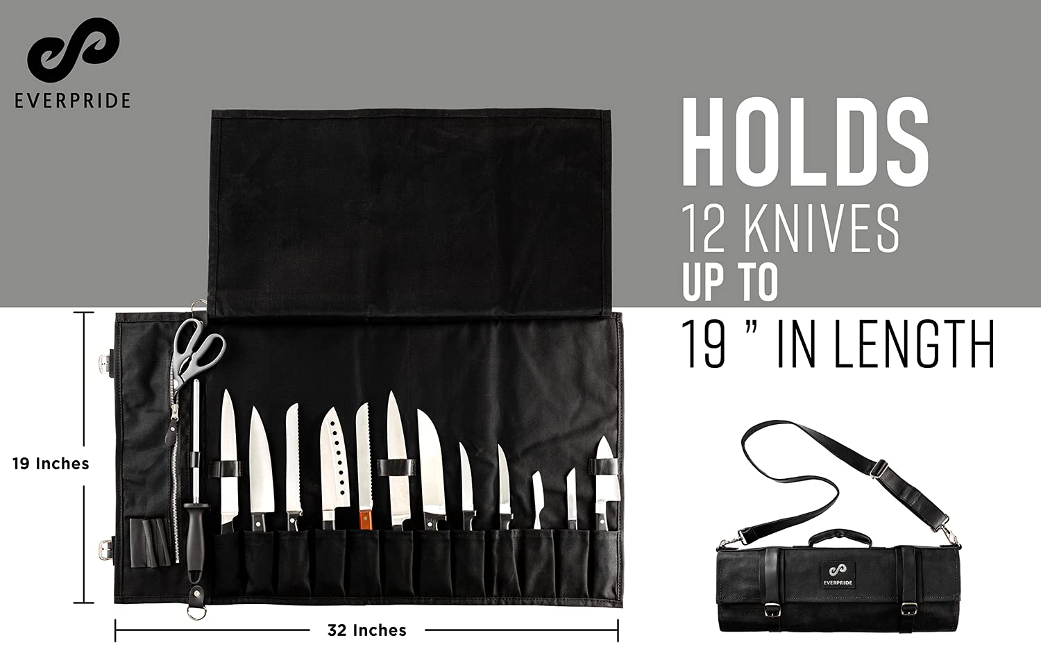 EVERPRIDE Chef Knife Roll Bag Holds 12 Knives and Cooking Tools β Durable, Large Knife Case Made of Canvas and Genuine Leather β Elegant Chef Bag for Professional Cooks β Knives Not Included