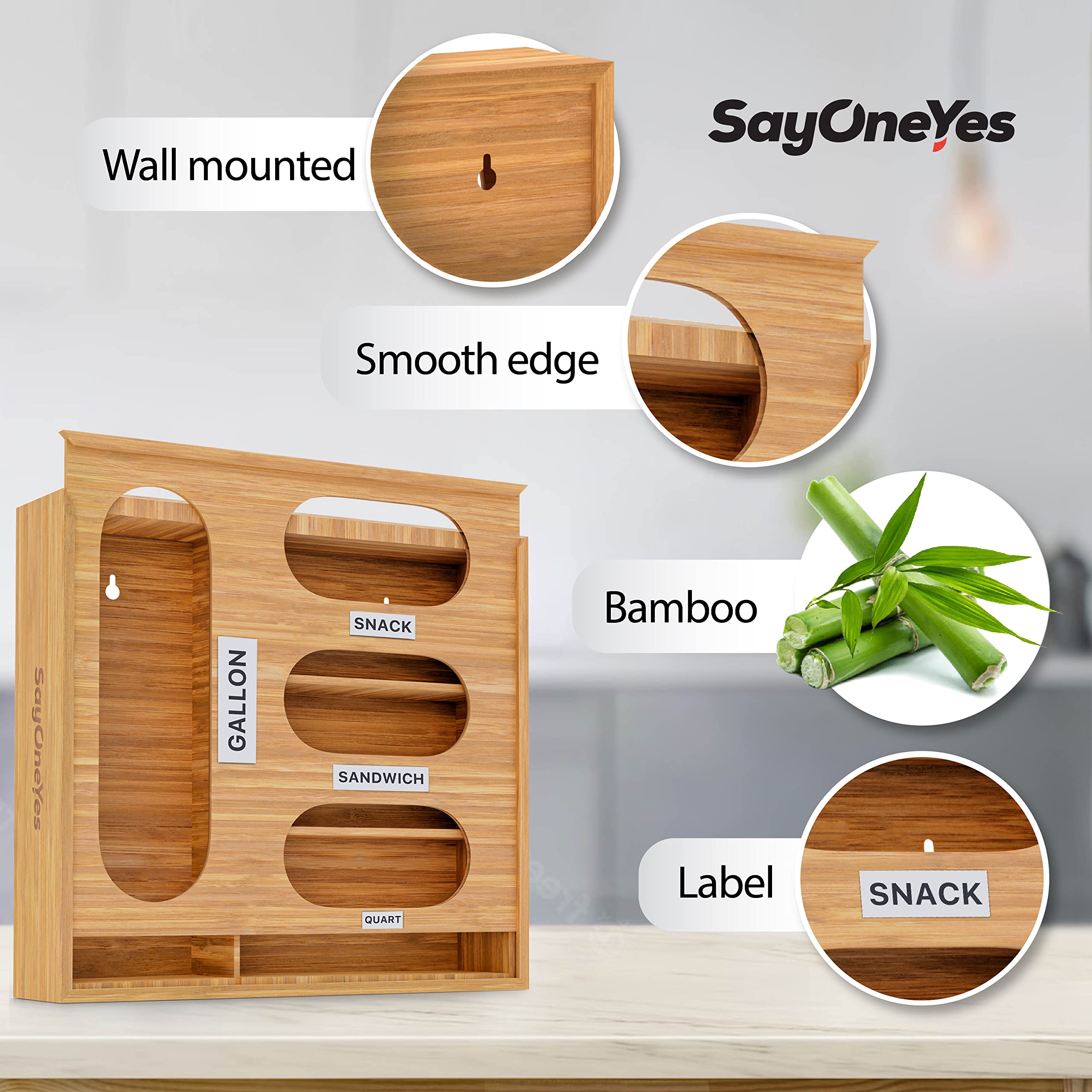 Sayoneyes Ziplock Bag Organizer for Drawer - Premium Bamboo Plastic Bag Storage Organizer for Kitchen β Compatible with Ziploc, Glad, Hefty, Solimo for Gallon, Quart, Sandwich & Variety Size Bags