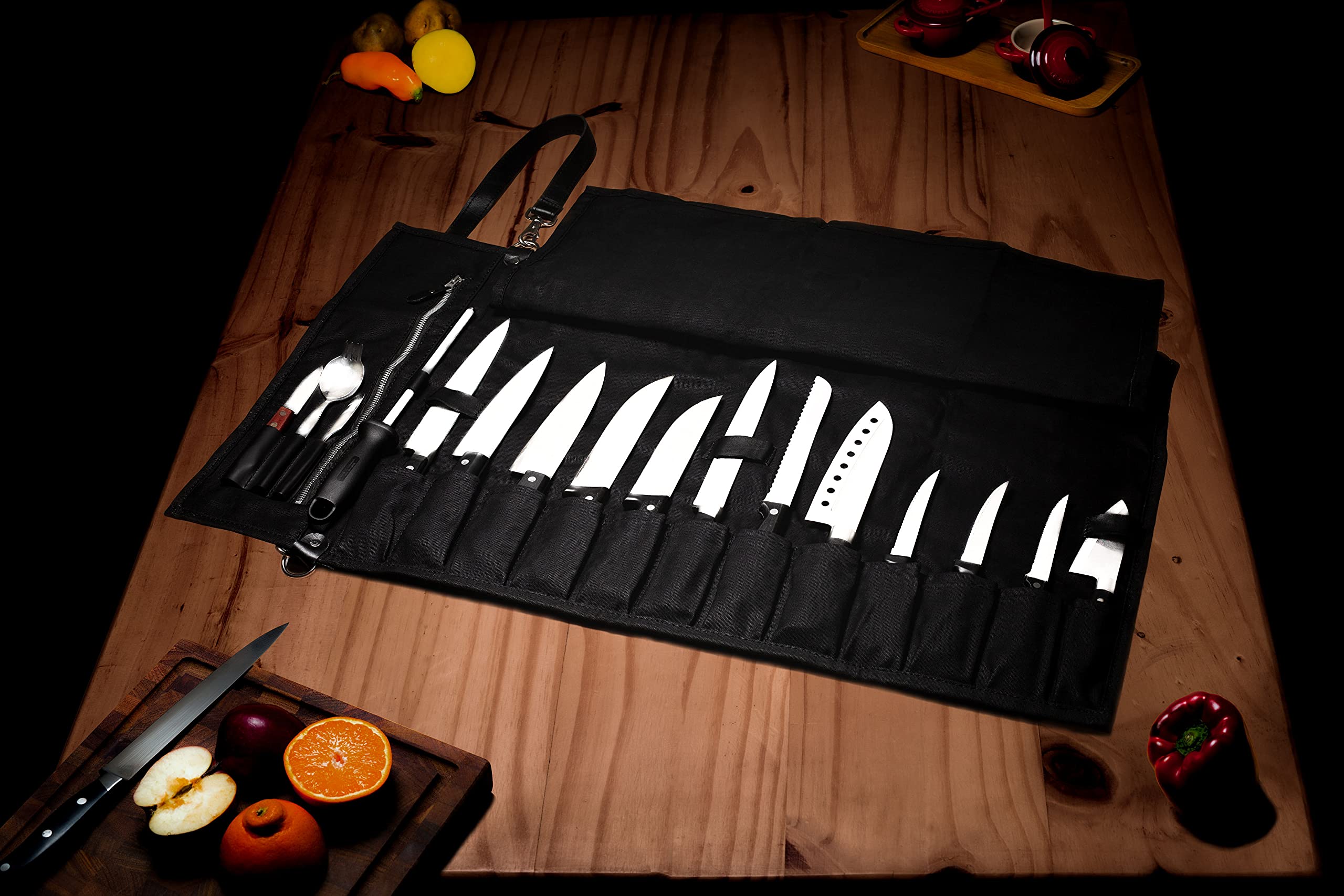 EVERPRIDE Chef Knife Roll Bag Holds 12 Knives and Cooking Tools β Durable, Large Knife Case Made of Canvas and Genuine Leather β Elegant Chef Bag for Professional Cooks β Knives Not Included