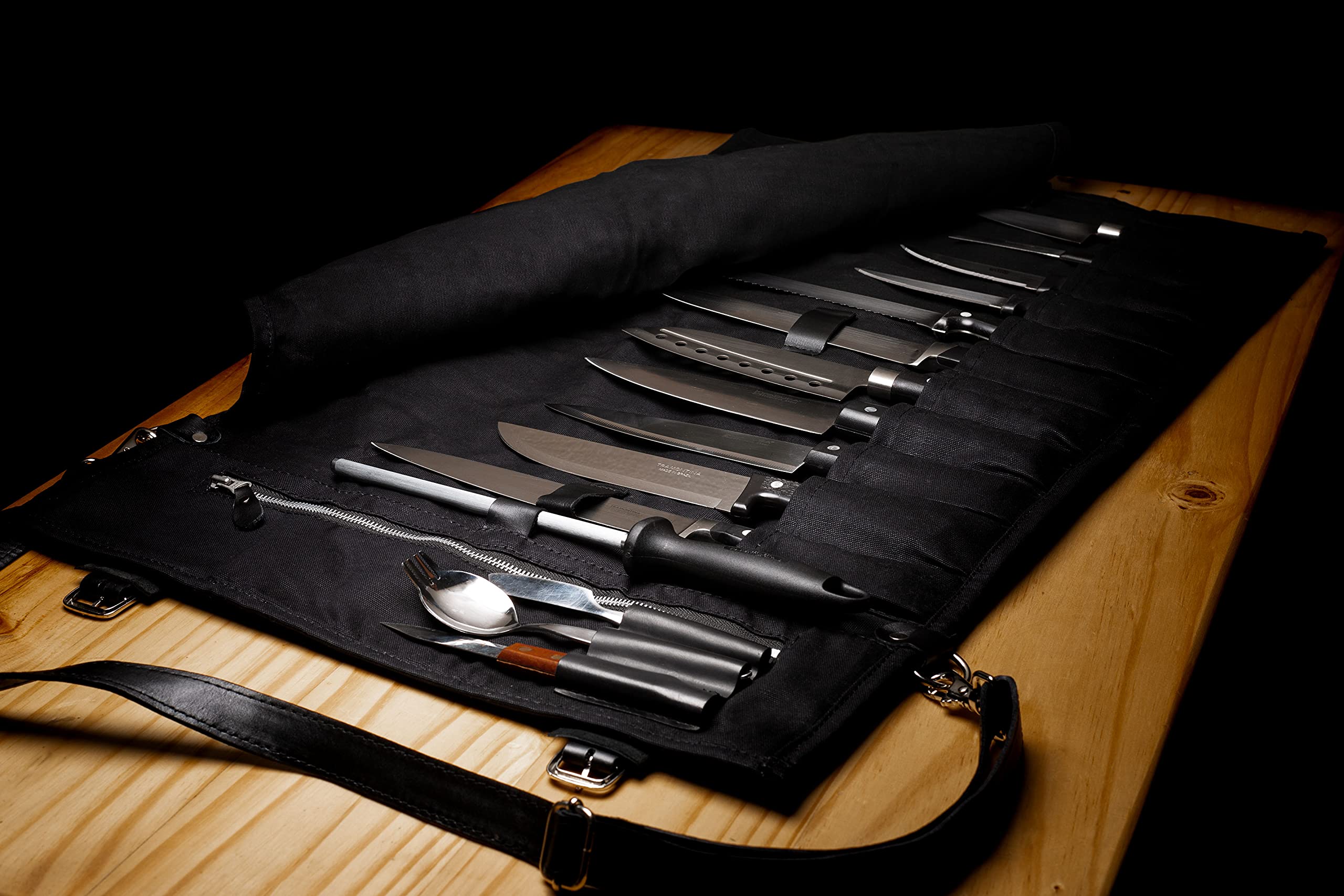 EVERPRIDE Chef Knife Roll Bag Holds 12 Knives and Cooking Tools β Durable, Large Knife Case Made of Canvas and Genuine Leather β Elegant Chef Bag for Professional Cooks β Knives Not Included